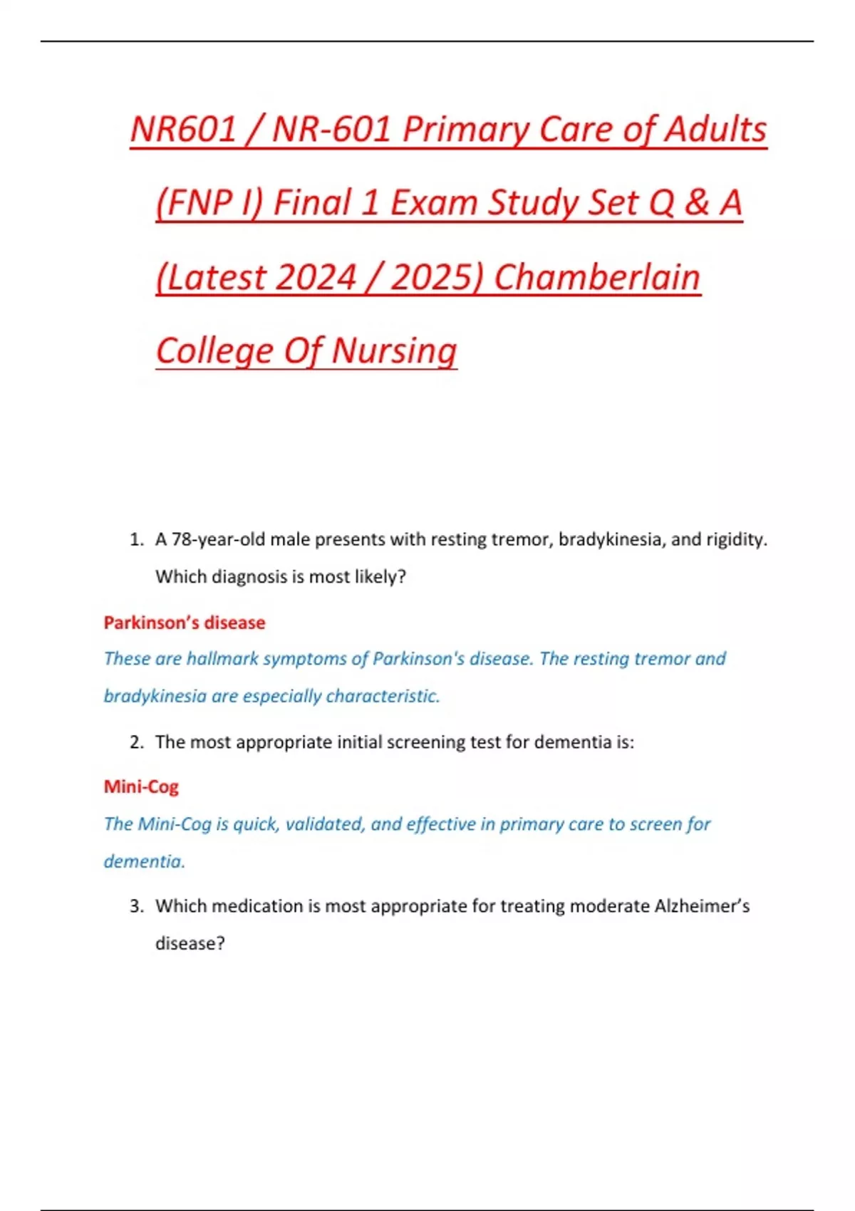 NR601 / NR-601 Primary Care of Adults (FNP I) Final 1 Exam Study Set Q ...