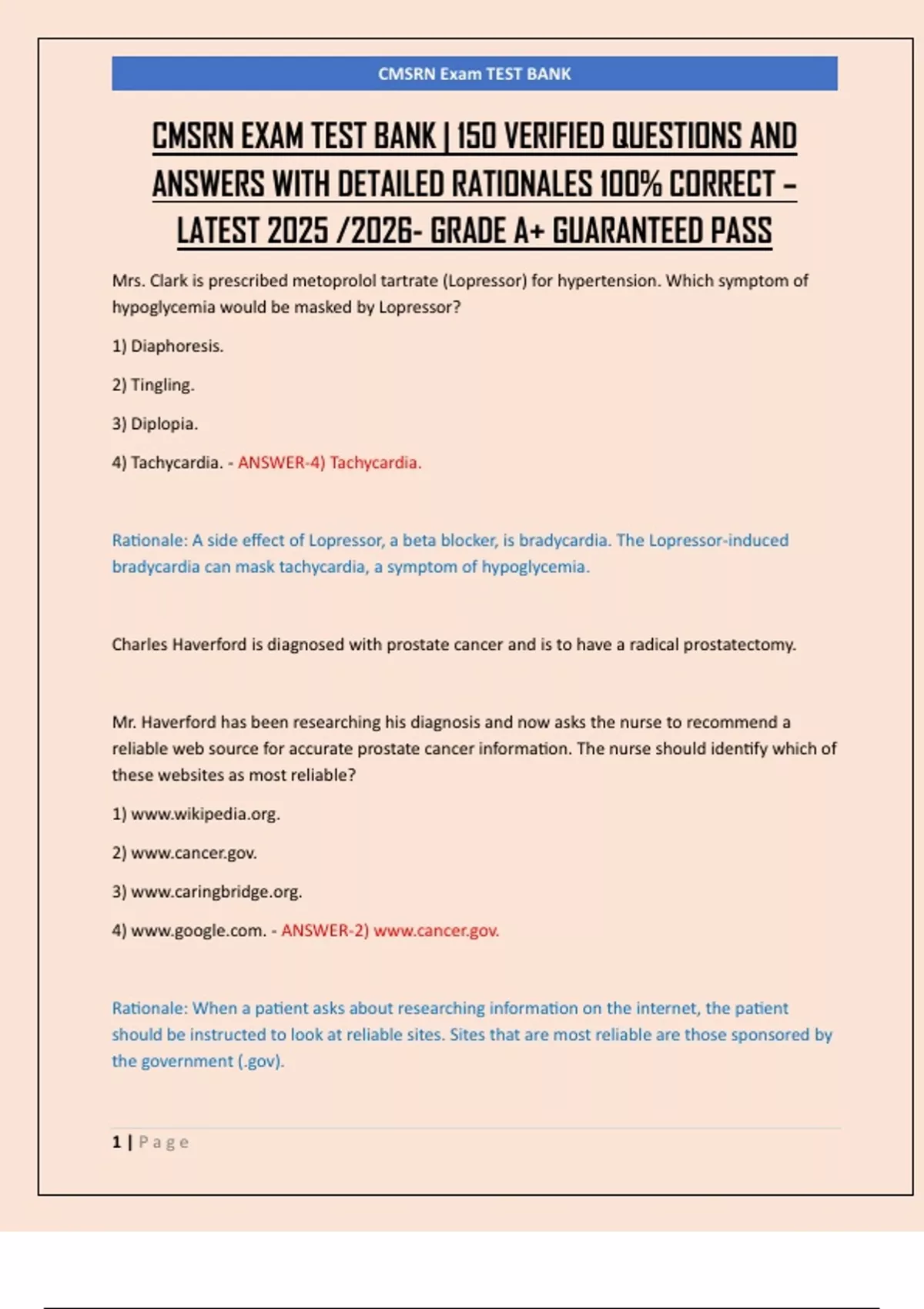 CMSRN EXAM TEST BANK | 150 VERIFIED QUESTIONS AND ANSWERS WITH DETAILED ...