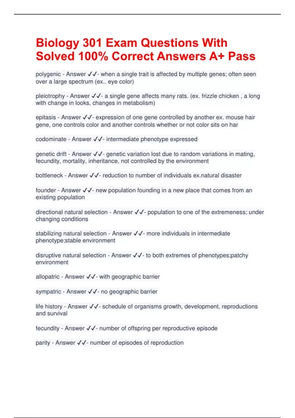 Biology 301 Exam Questions With Solved 100% Correct Answers A+ Pass ...