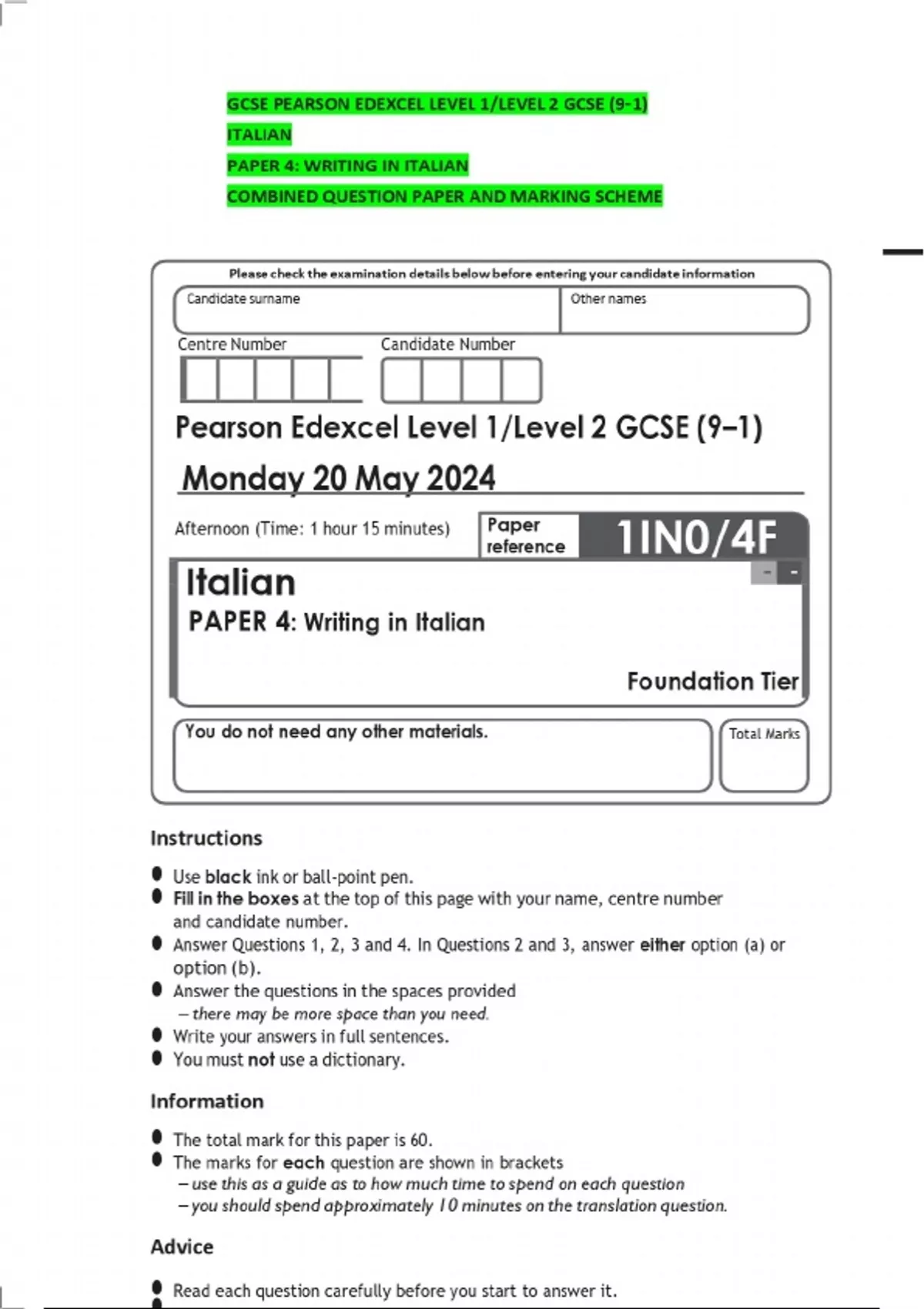 GCSE PEARSON EDEXCEL LEVEL 1/LEVEL 2 GCSE (9–1) ITALIAN PAPER 4 ...