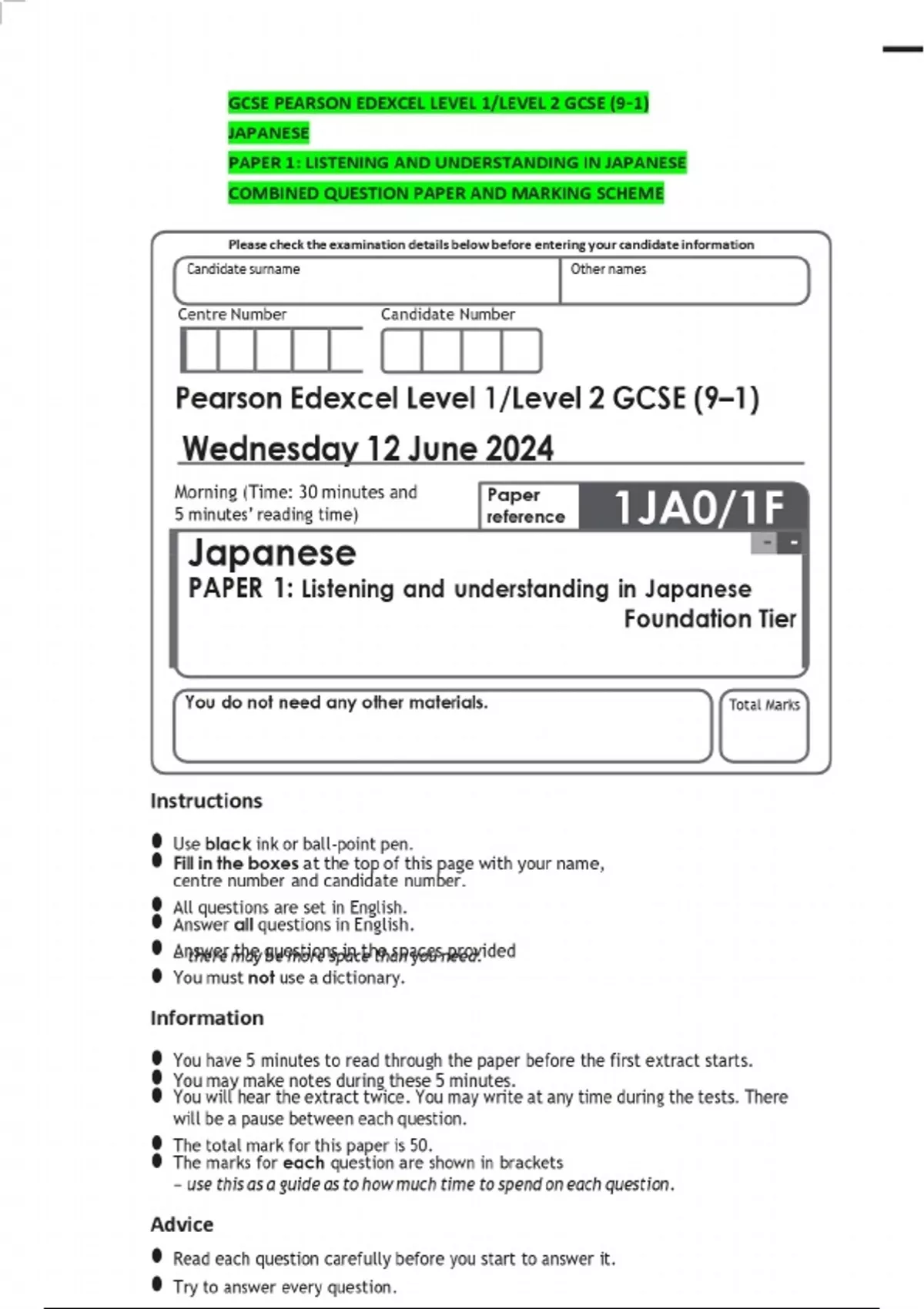 GCSE PEARSON EDEXCEL LEVEL 1/LEVEL 2 GCSE (9–1) JAPANESE PAPER 1 ...