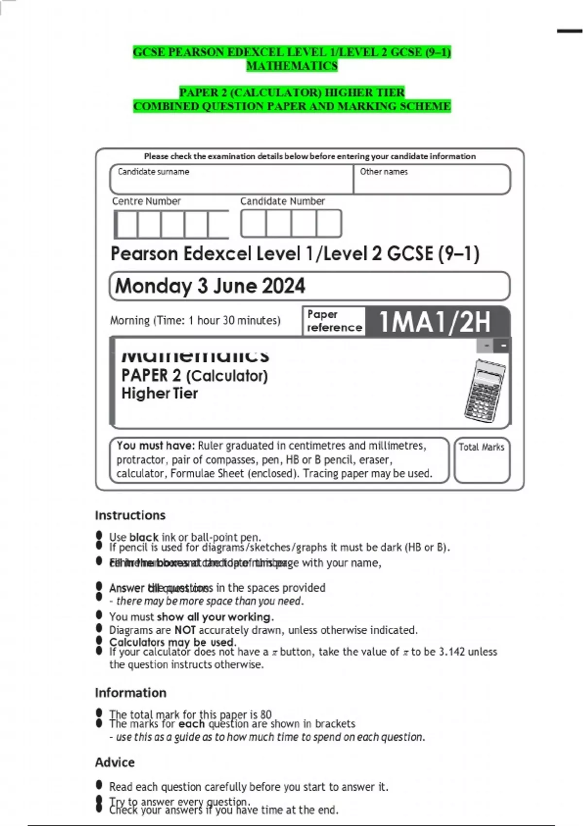 GCSE PEARSON EDEXCEL LEVEL 1/LEVEL 2 GCSE (9–1) MATHEMATICS PAPER 2 ...