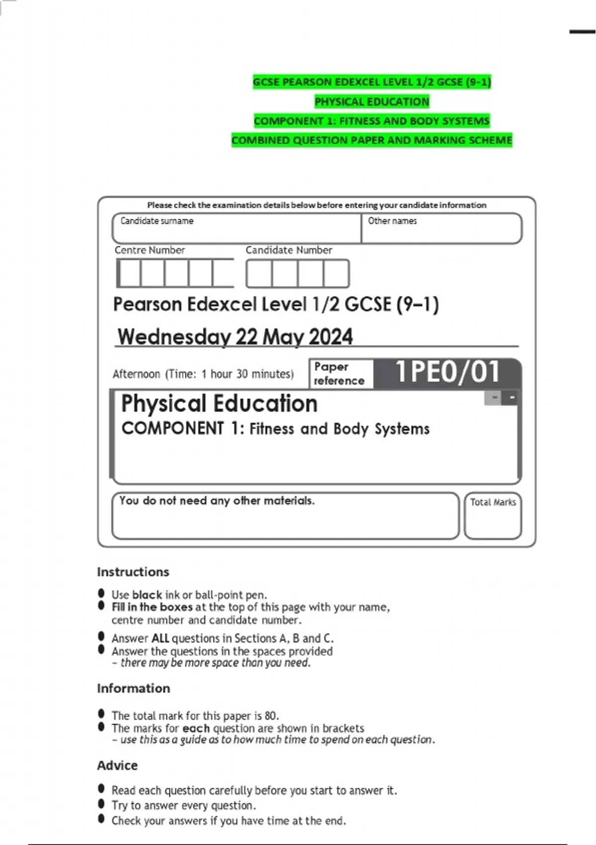 GCSE PEARSON EDEXCEL LEVEL 1/2 GCSE (9–1) PHYSICAL EDUCATION COMPONENT ...