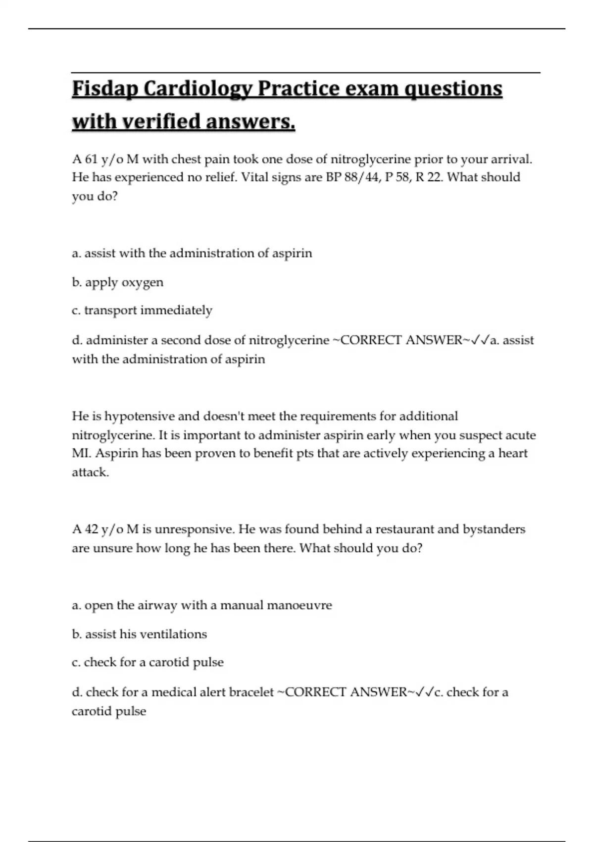 Fisdap Cardiology Practice Exam Questions with Verified Answers ...