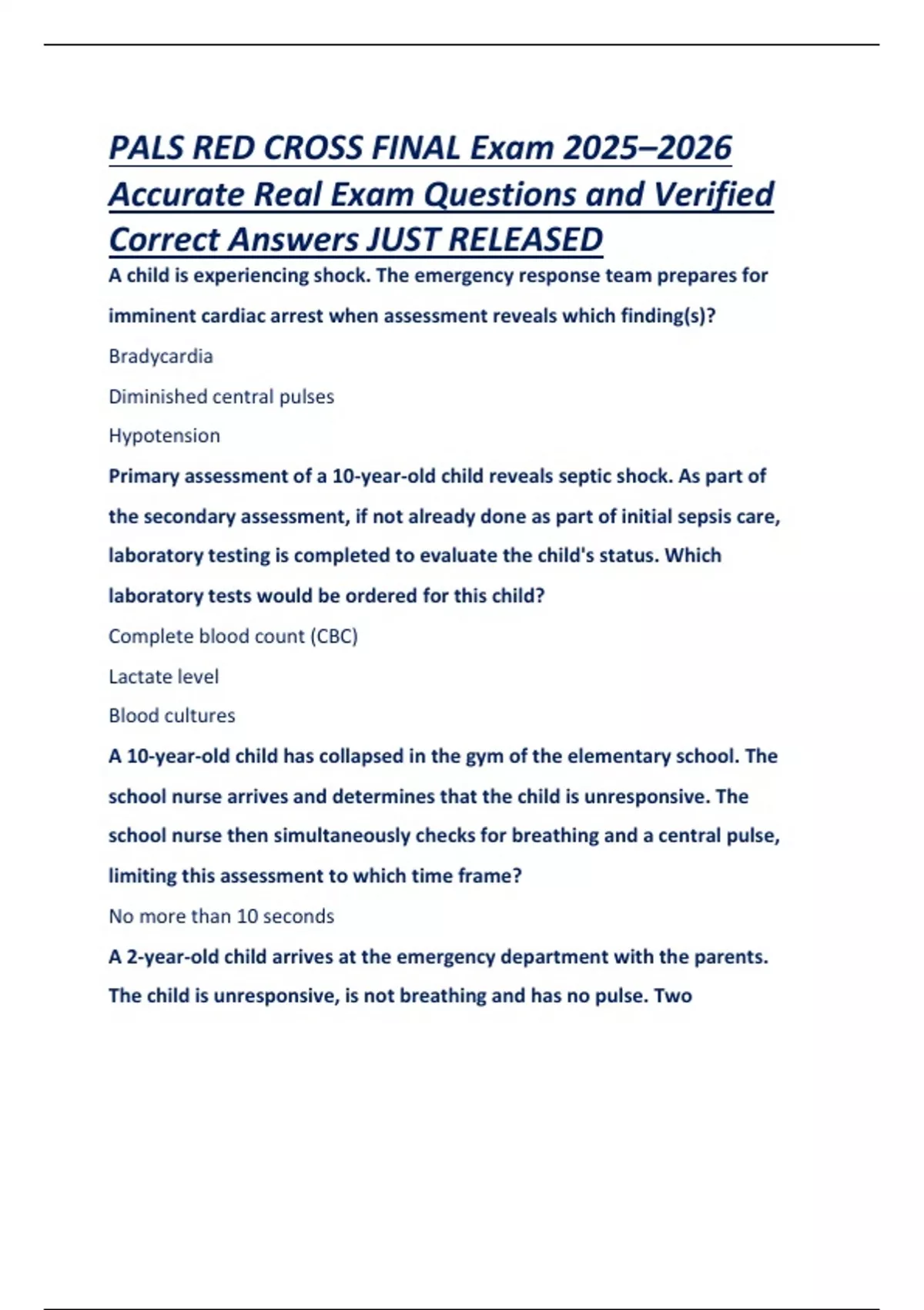 (Pediatric Advanced Life Support) Red Cross Final Exam 2025–2026 ...