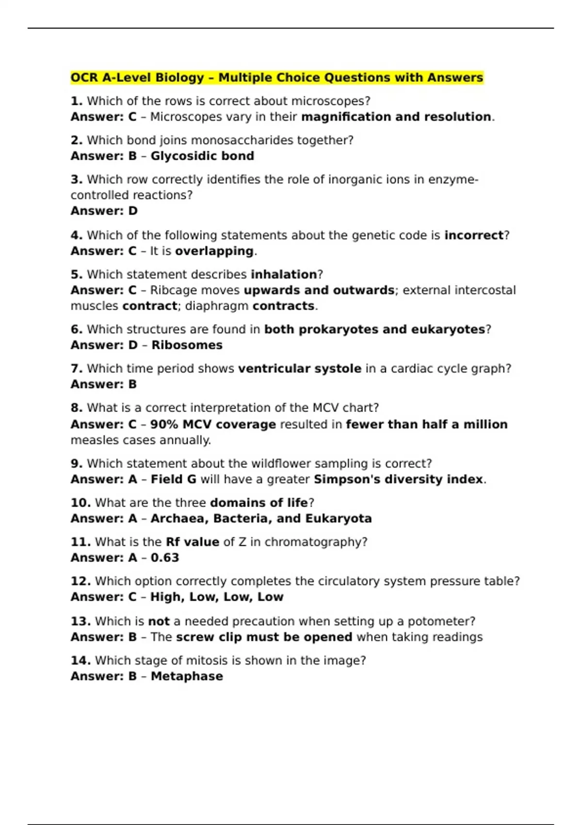 OCR A-Level Biology – Multiple Choice Questions with Answers - OCR A ...