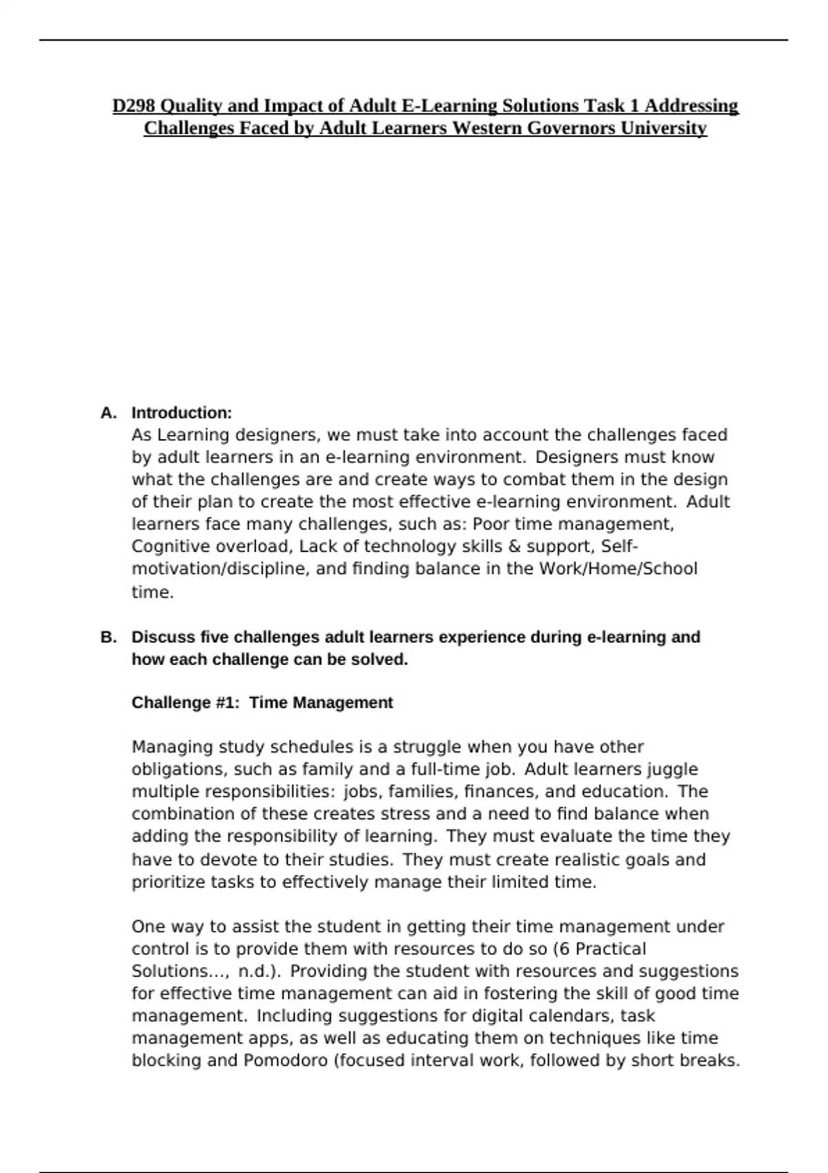 D298 Quality and Impact of Adult E-Learning Solutions Task 1 Addressing Challenges Faced by ...