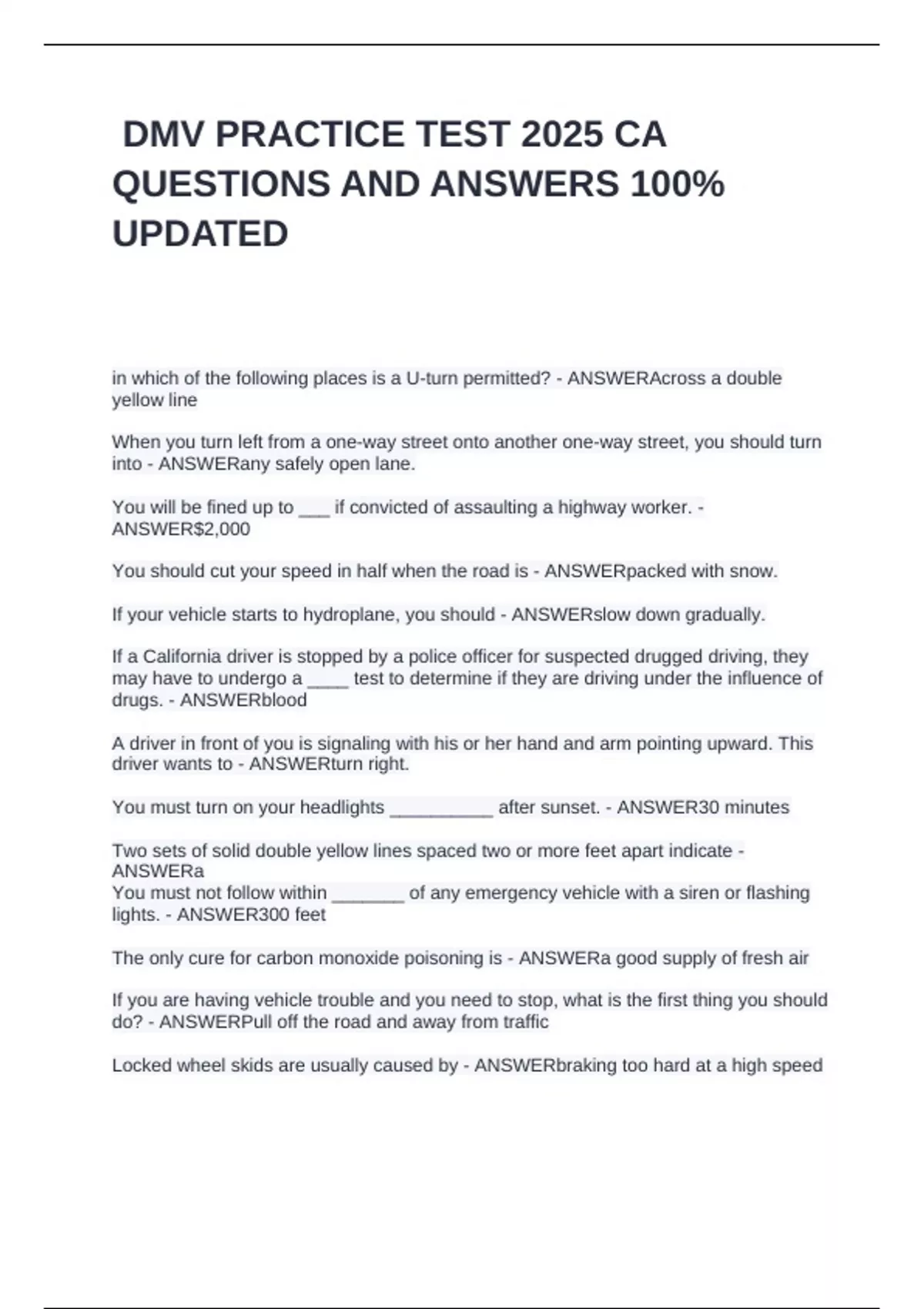 DMV PRACTICE TEST 2025 CA QUESTIONS AND ANSWERS 100% UPDATED - DMV ...