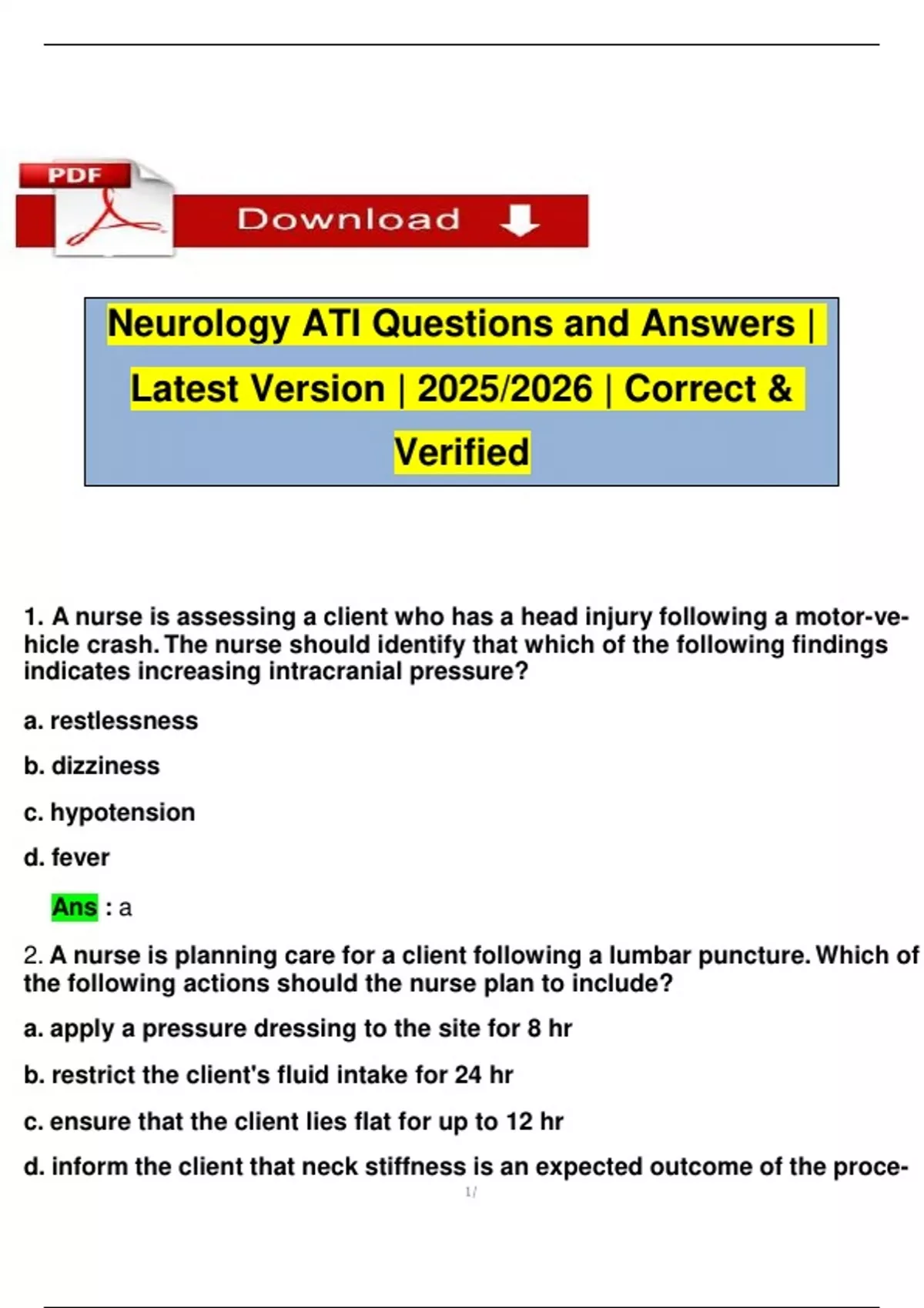 Neurology ATI Questions and Answers | Latest Version | 2025/2026 ...