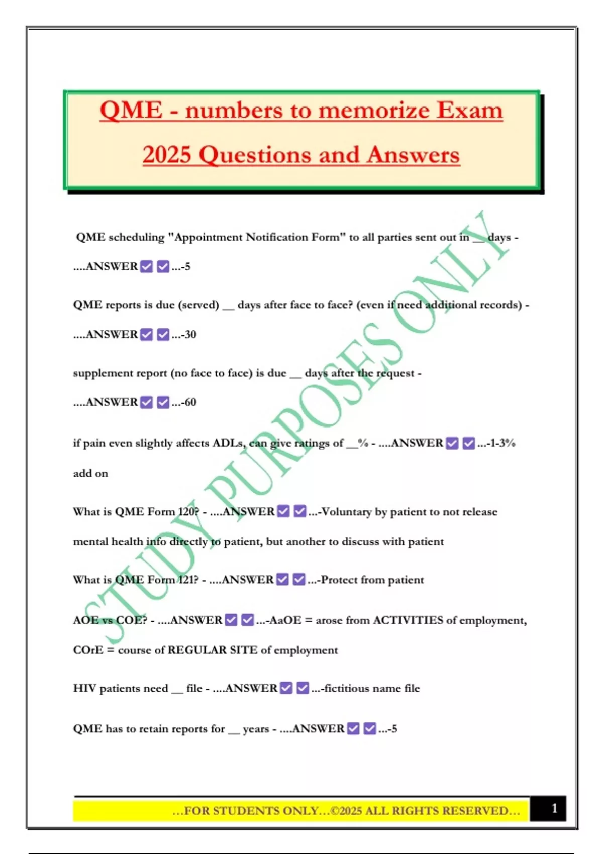 QME - numbers to memorize Exam 2025 Questions and Answers - Qme - Stuvia US