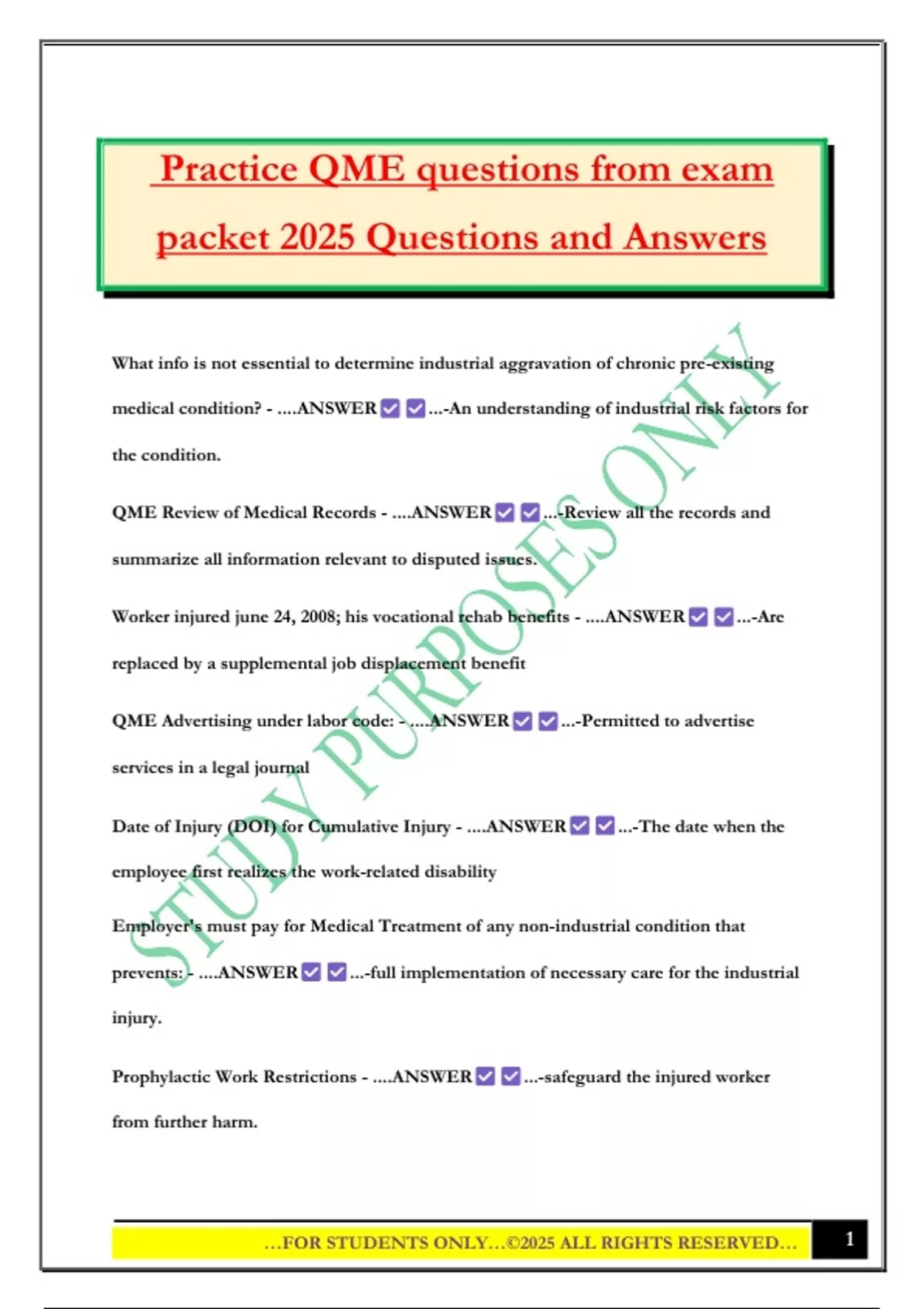 Practice QME questions from exam packet 2025 Questions and Answers ...