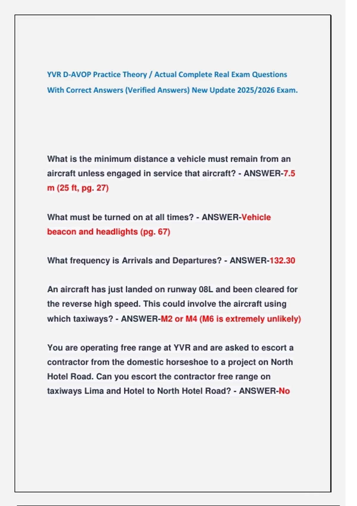 YVR D-AVOP Practice Theory / Actual Complete Real Exam Questions With ...