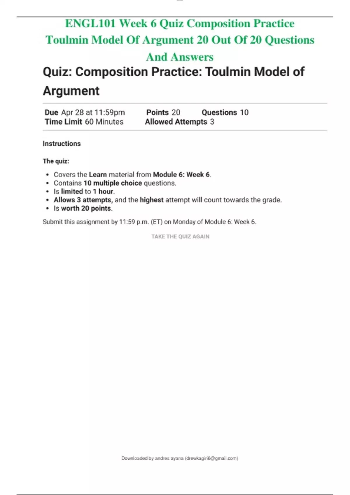 ENGL 101 Week 6 Quiz Composition Practice Toulmin Model Of Argument 20 ...