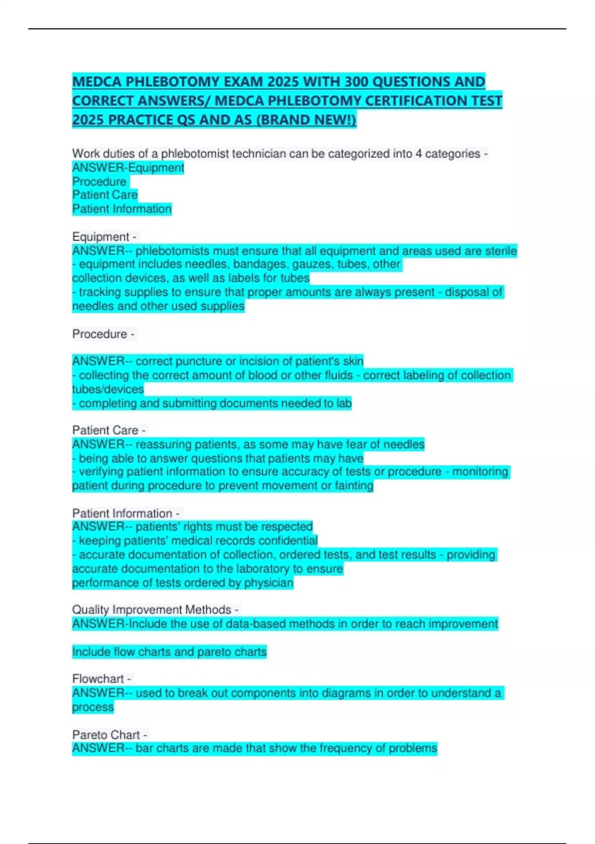 MEDCA PHLEBOTOMY EXAM 2025 WITH 300 QUESTIONS AND CORRECT ANSWERS ...