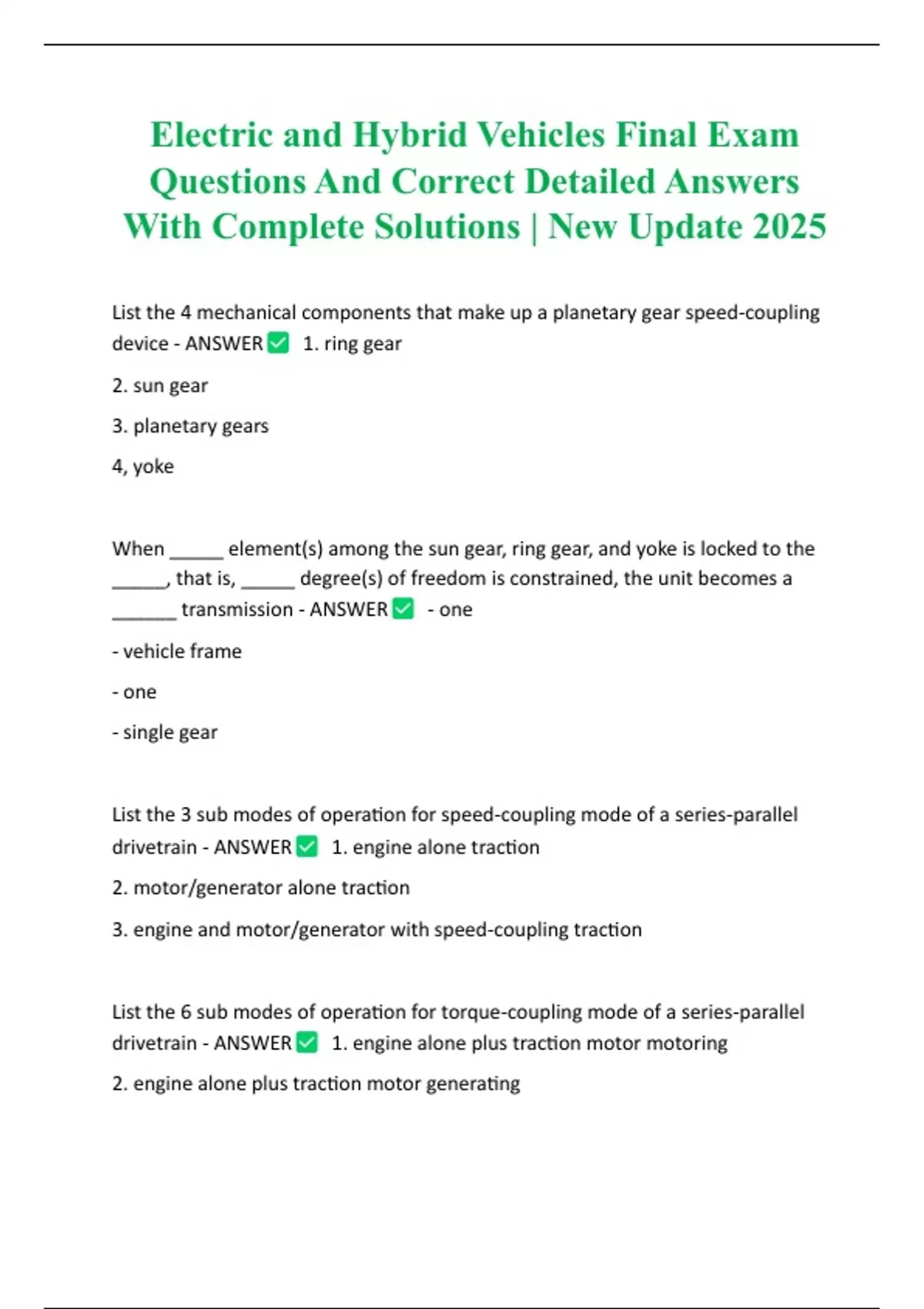 Electric and Hybrid Vehicles Final Exam Questions And Correct Detailed ...