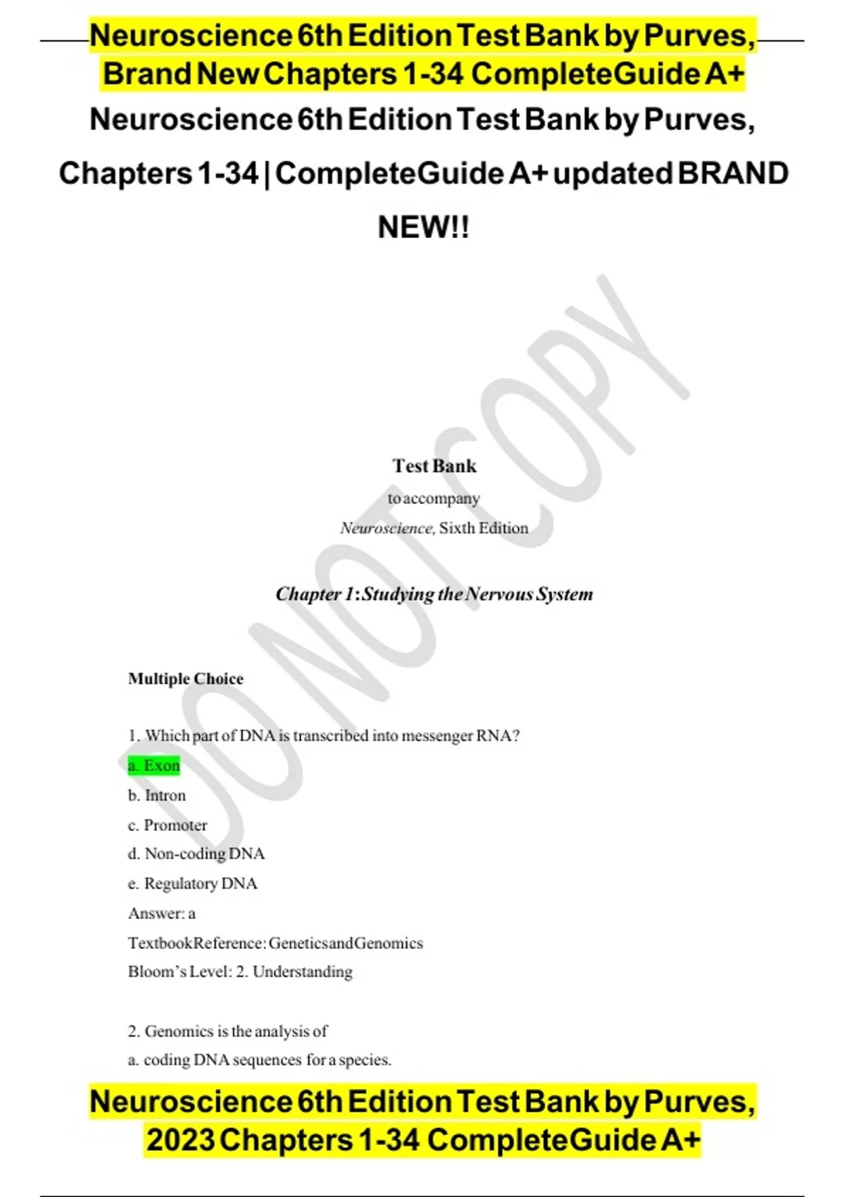 Neuroscience – 6th Edition by Purves, Complete Test Bank (Chapters 1–34 ...