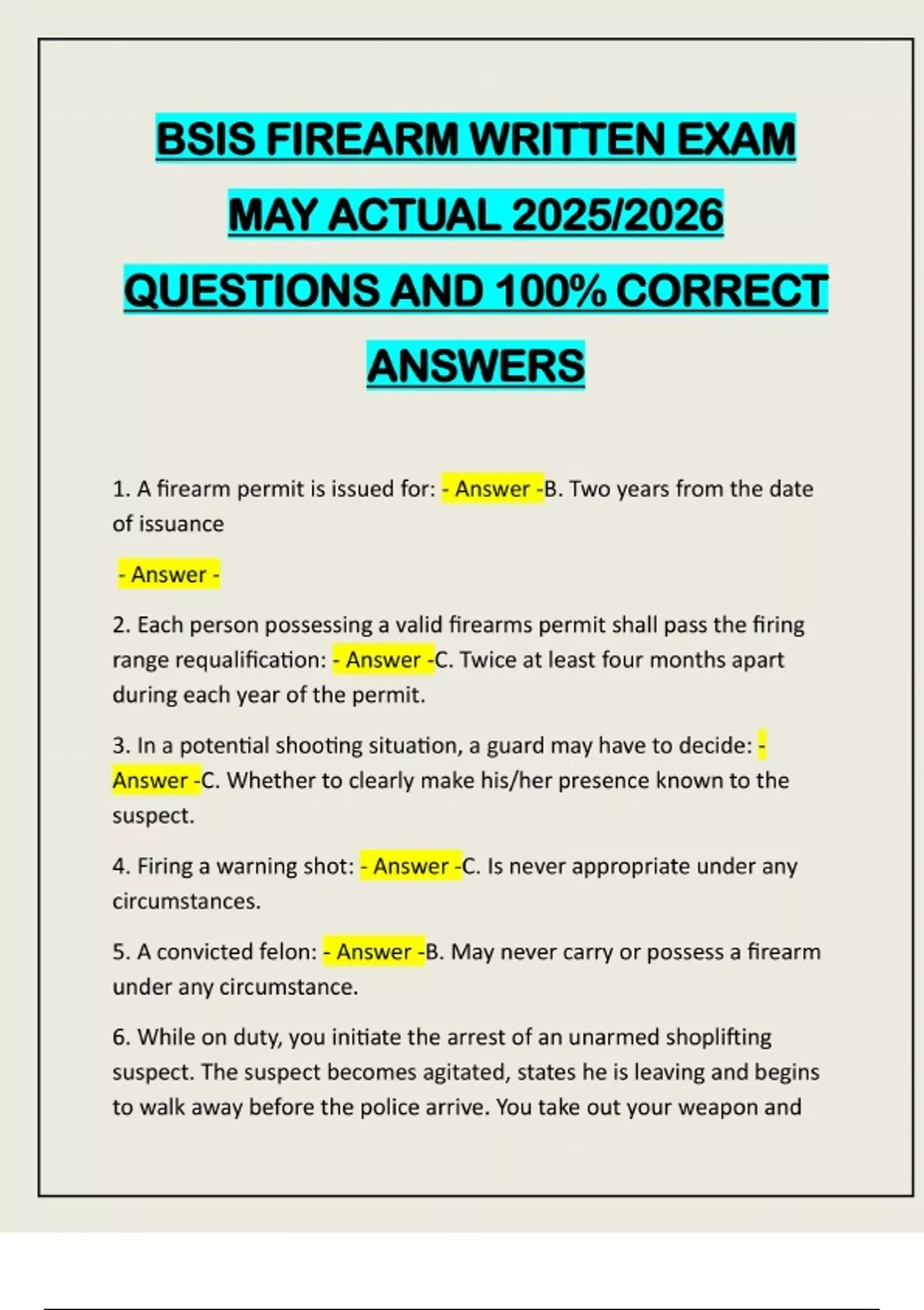 BSIS FIREARM WRITTEN EXAM MAY ACTUAL 2025/2026 QUESTIONS AND 100% ...