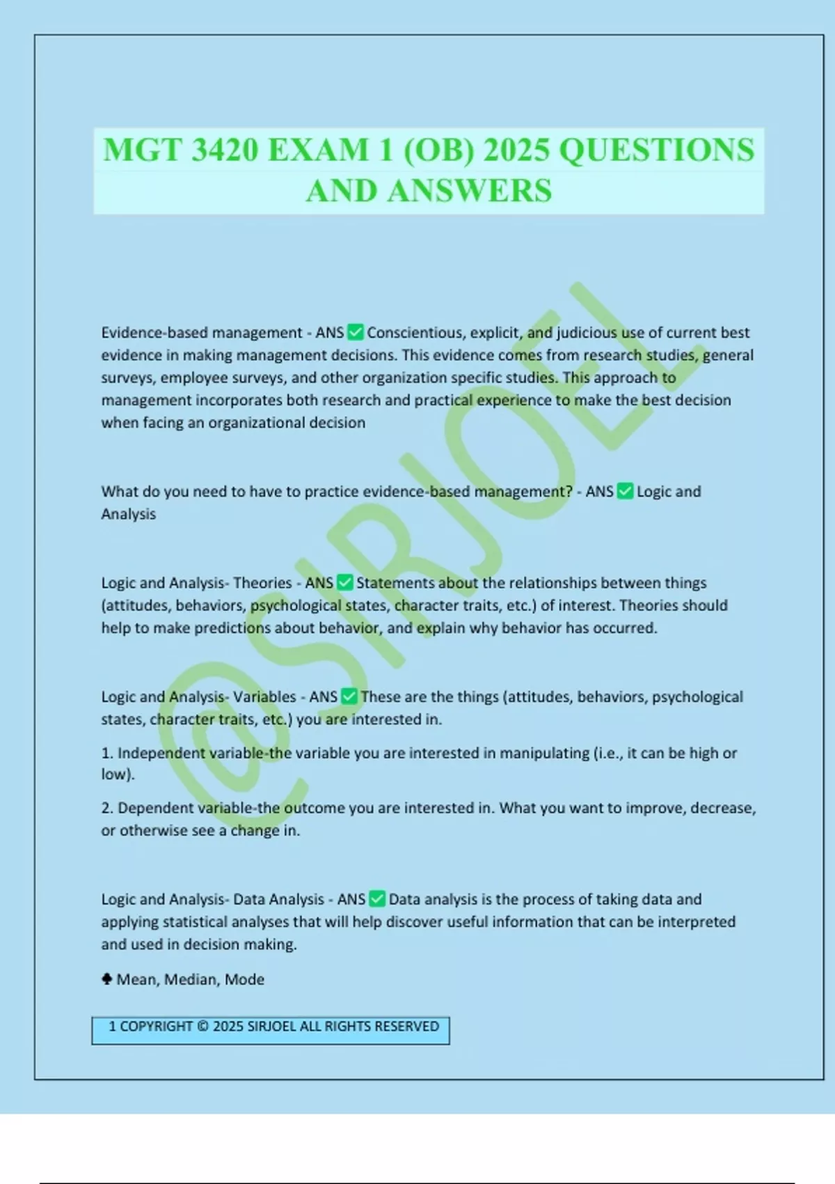 MGT 3420 EXAM 1 (OB) 2025 QUESTIONS AND ANSWERS - MGT 3420 - Stuvia US