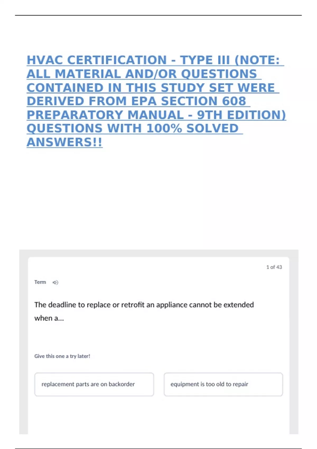 HVAC CERTIFICATION - TYPE III (NOTE: ALL MATERIAL AND/OR QUESTIONS ...