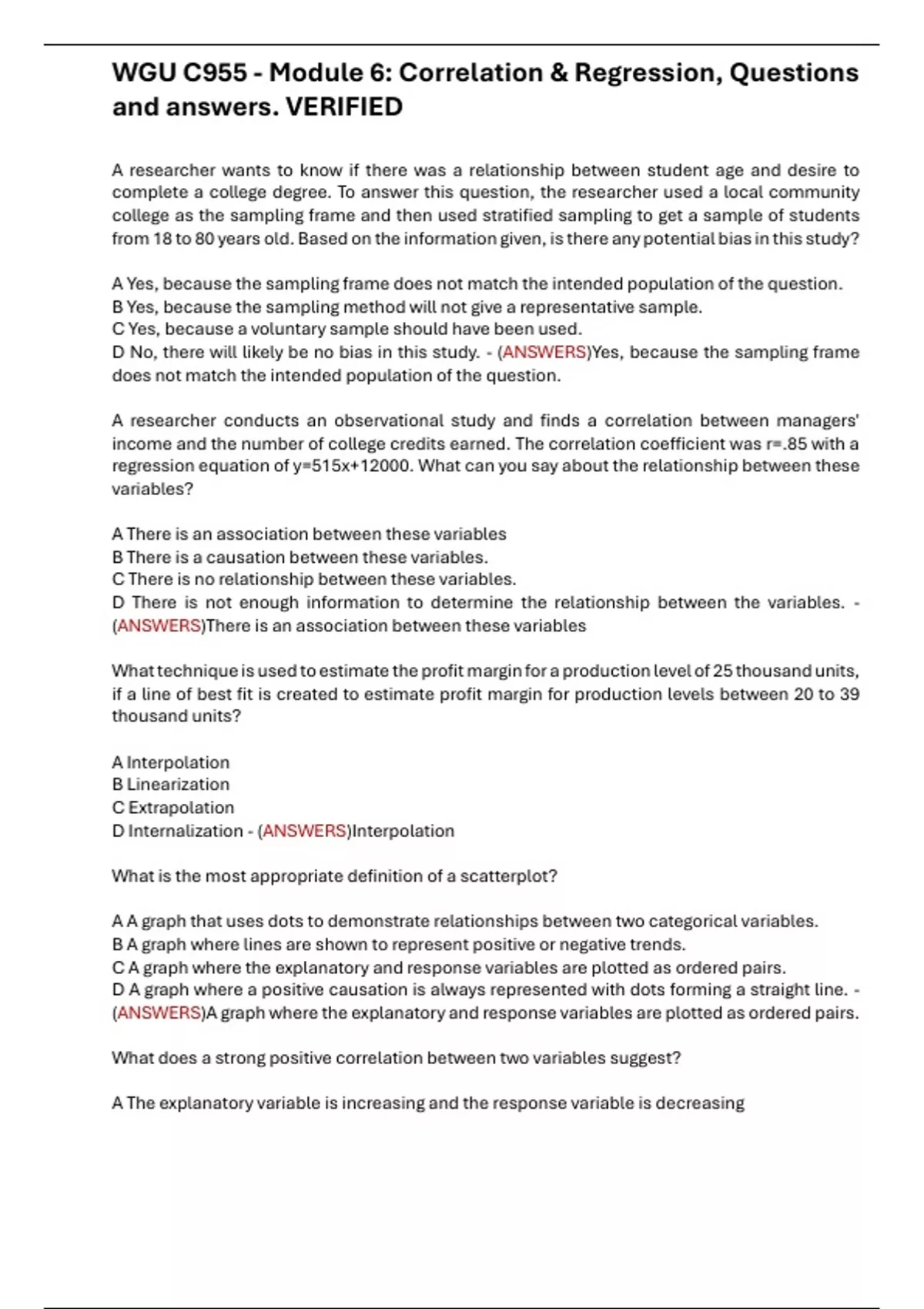 WGU C955 - Module 6: Correlation & Regression, Questions and answers. VERIFIED - WGU C955 ...