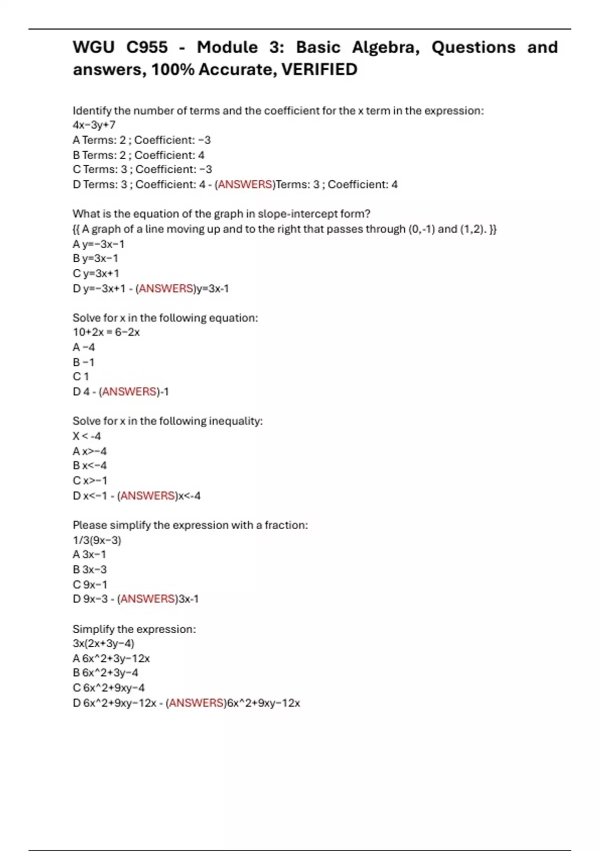 WGU C955 - Module 3: Basic Algebra, Questions and answers, 100% ...