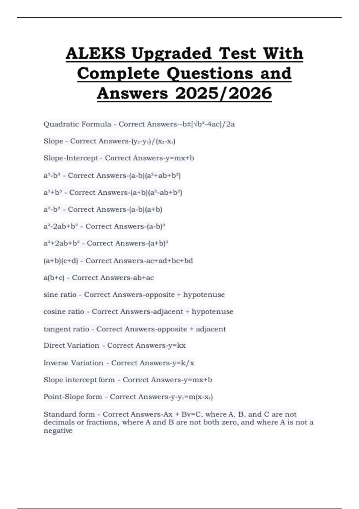 ALEKS Upgraded Test – Complete Questions and Answers – 2025/2026 ...