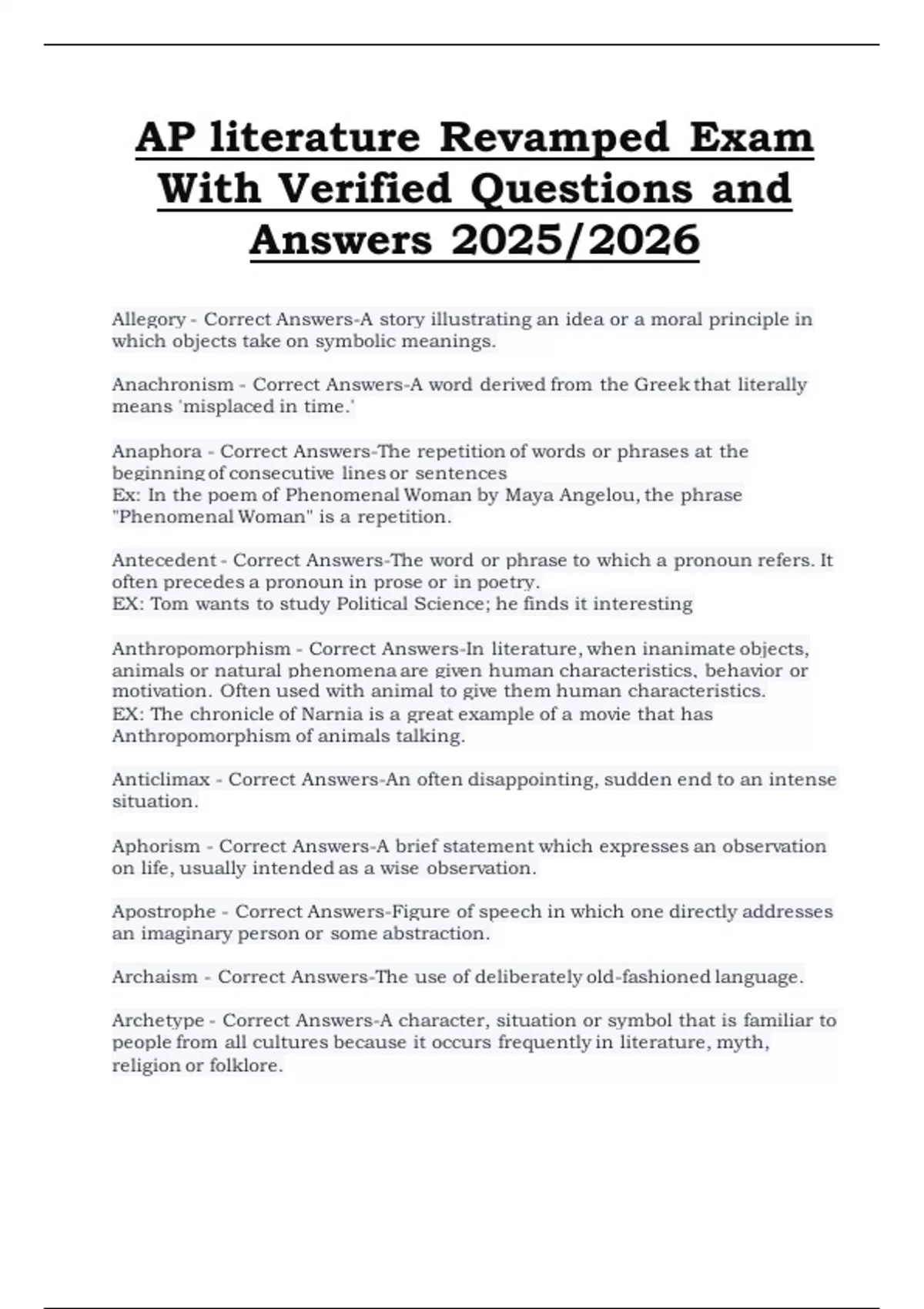 AP Literature Revamped Exam – Verified Questions and Answers – 2025/ ...