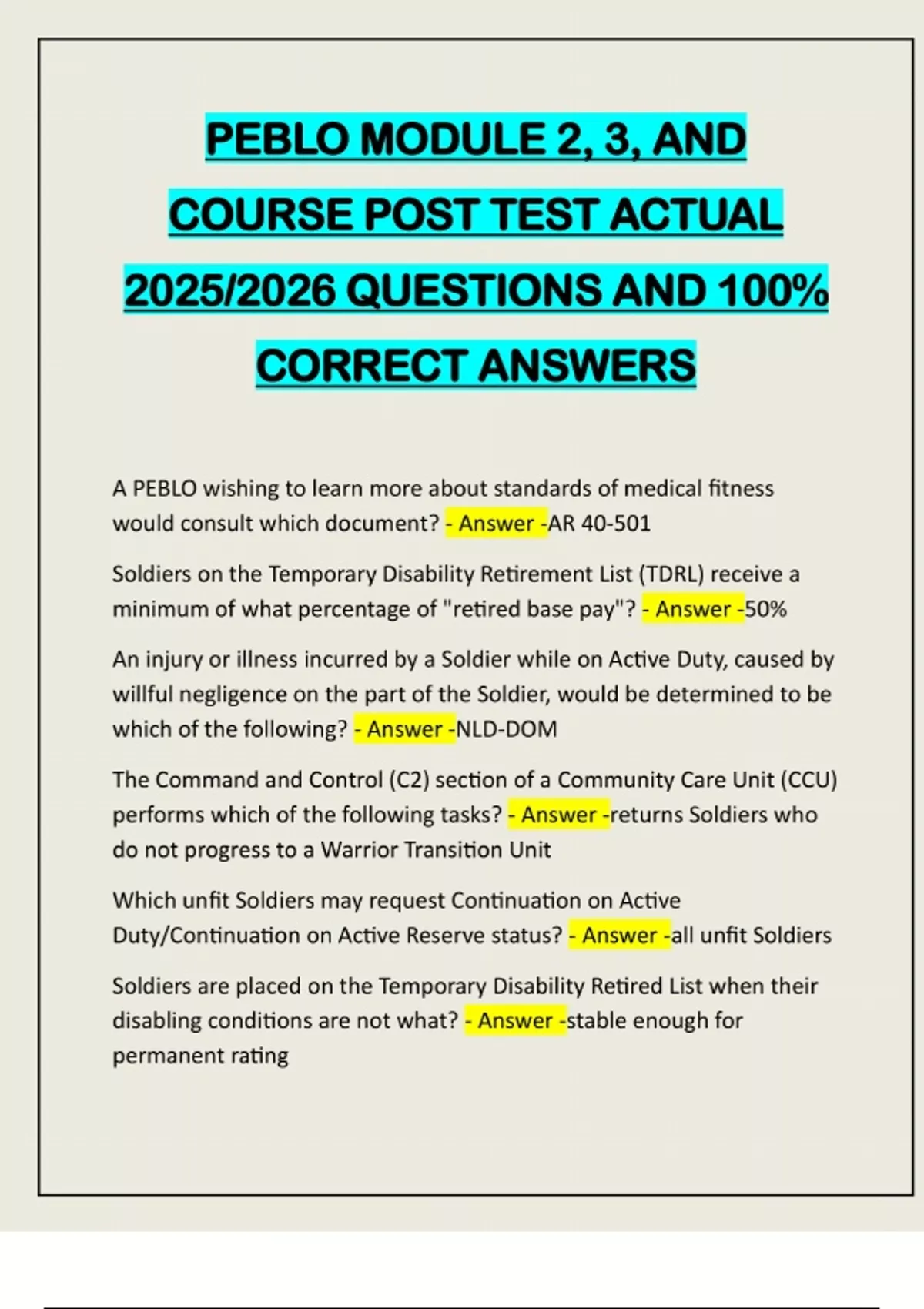 PEBLO MODULE 2, 3, AND COURSE POST TEST ACTUAL 2025/2026 QUESTIONS AND ...