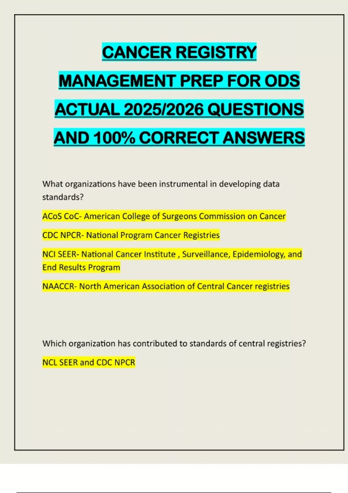 CANCER REGISTRY MANAGEMENT PREP FOR ODS ACTUAL 2025/2026 QUESTIONS AND ...
