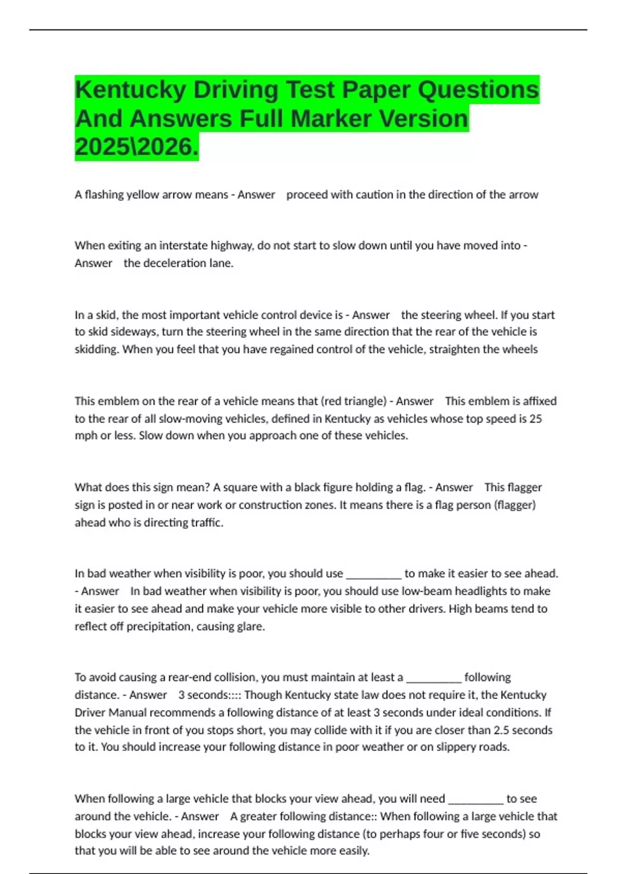 Kentucky Driving Test Paper Questions And Answers Full Marker Version ...