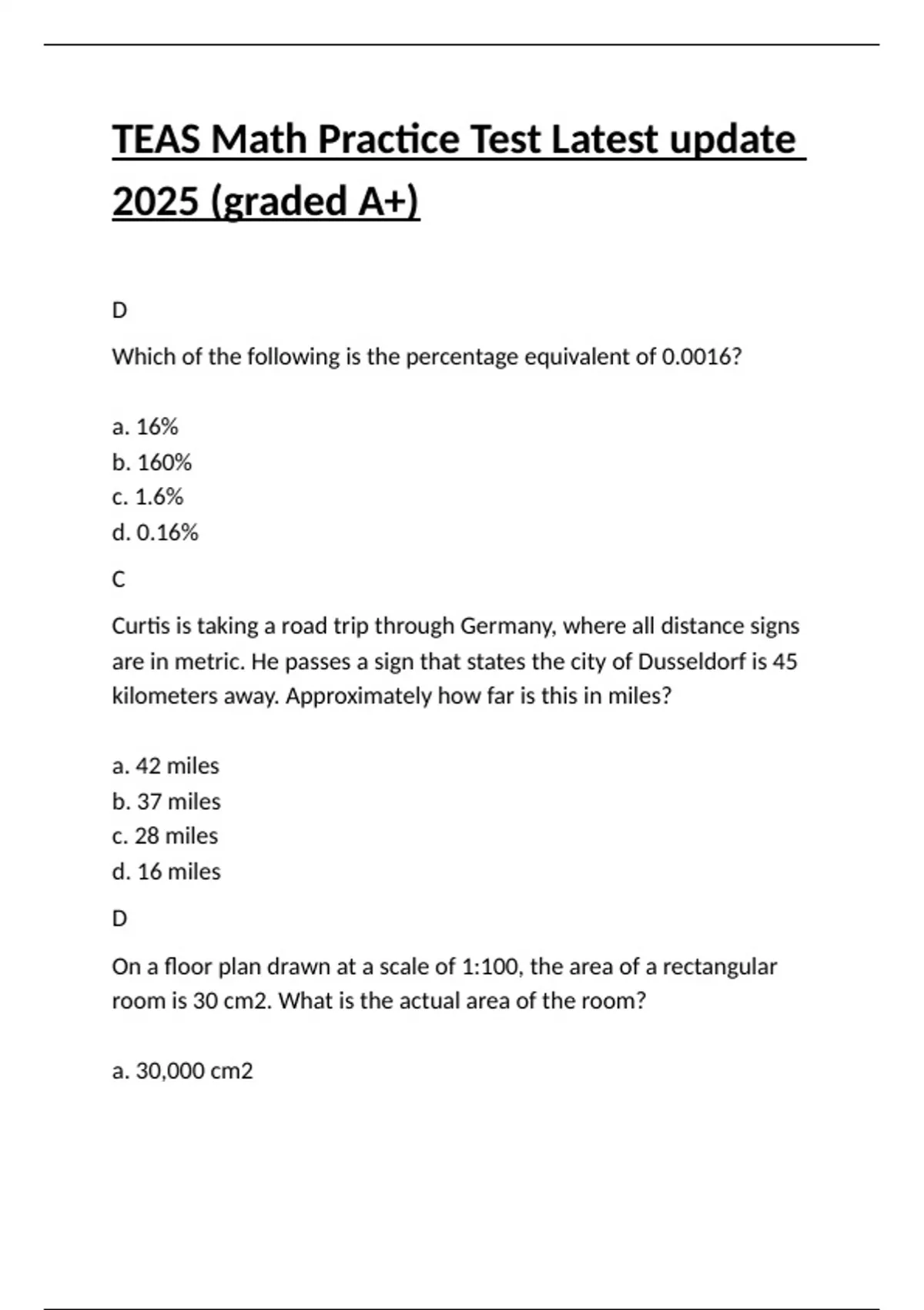 TEAS Math Practice Test Latest update 2025 (graded A+) - Casa math ...