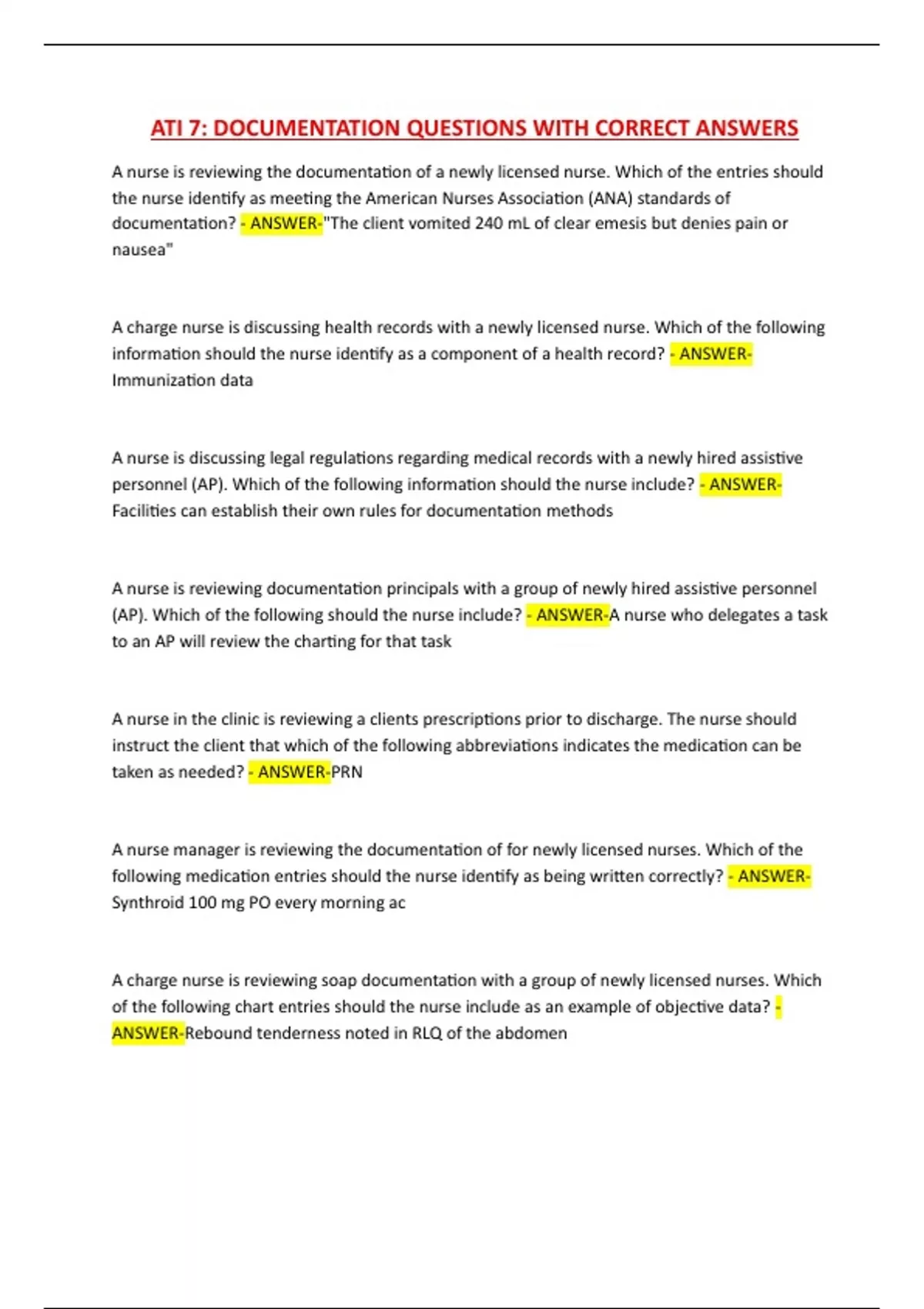 ATI 7: DOCUMENTATION QUESTIONS WITH CORRECT ANSWERS - Nursing ati ...