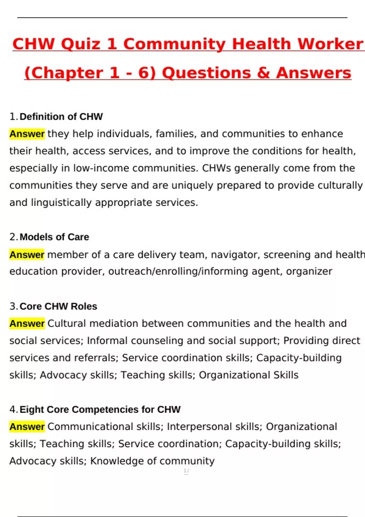 CHW Quiz 1 Community Health Worker (Chapter 1 - 6) (Latest 2025 / 2026 ...