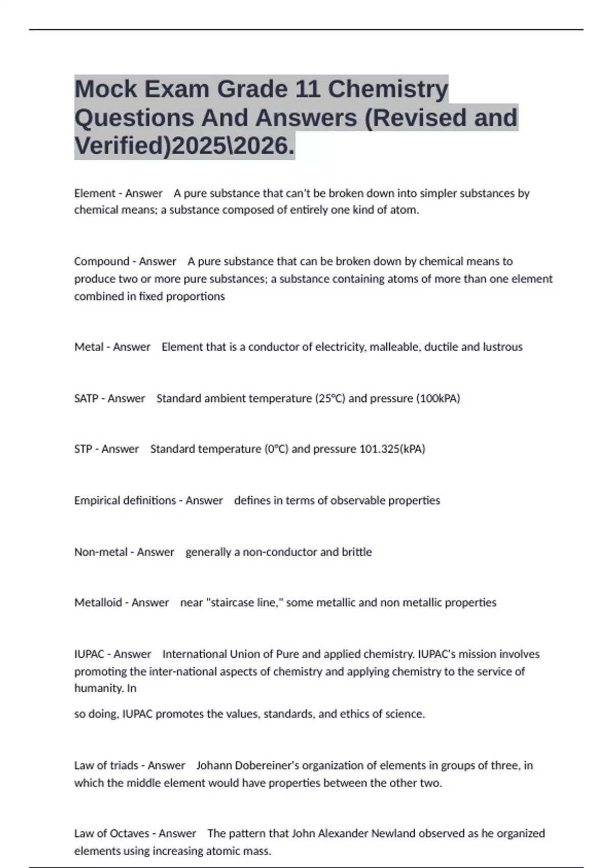 Mock Exam Grade 11 Chemistry Questions And Answers (Revised and ...