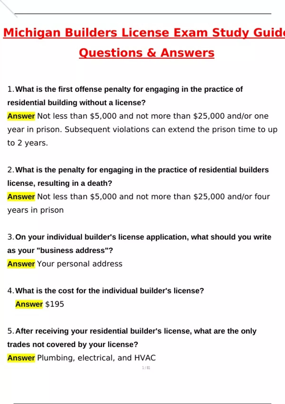 Michigan Builders License Exam Study Guide (Latest 2025 / 2026 Update ...