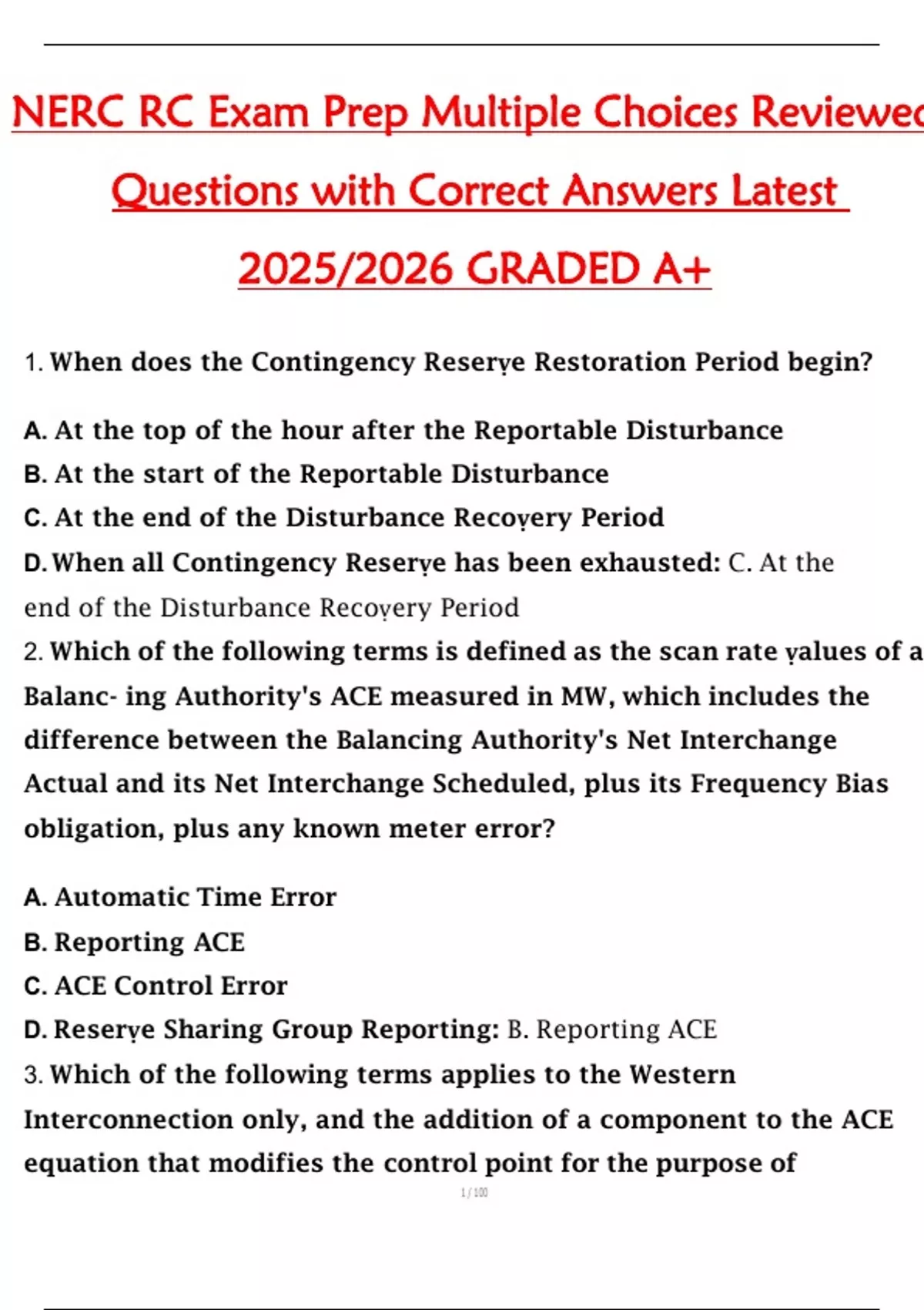 NERC RC Exam Prep Multiple Choices Reviewed Questions with Correct ...