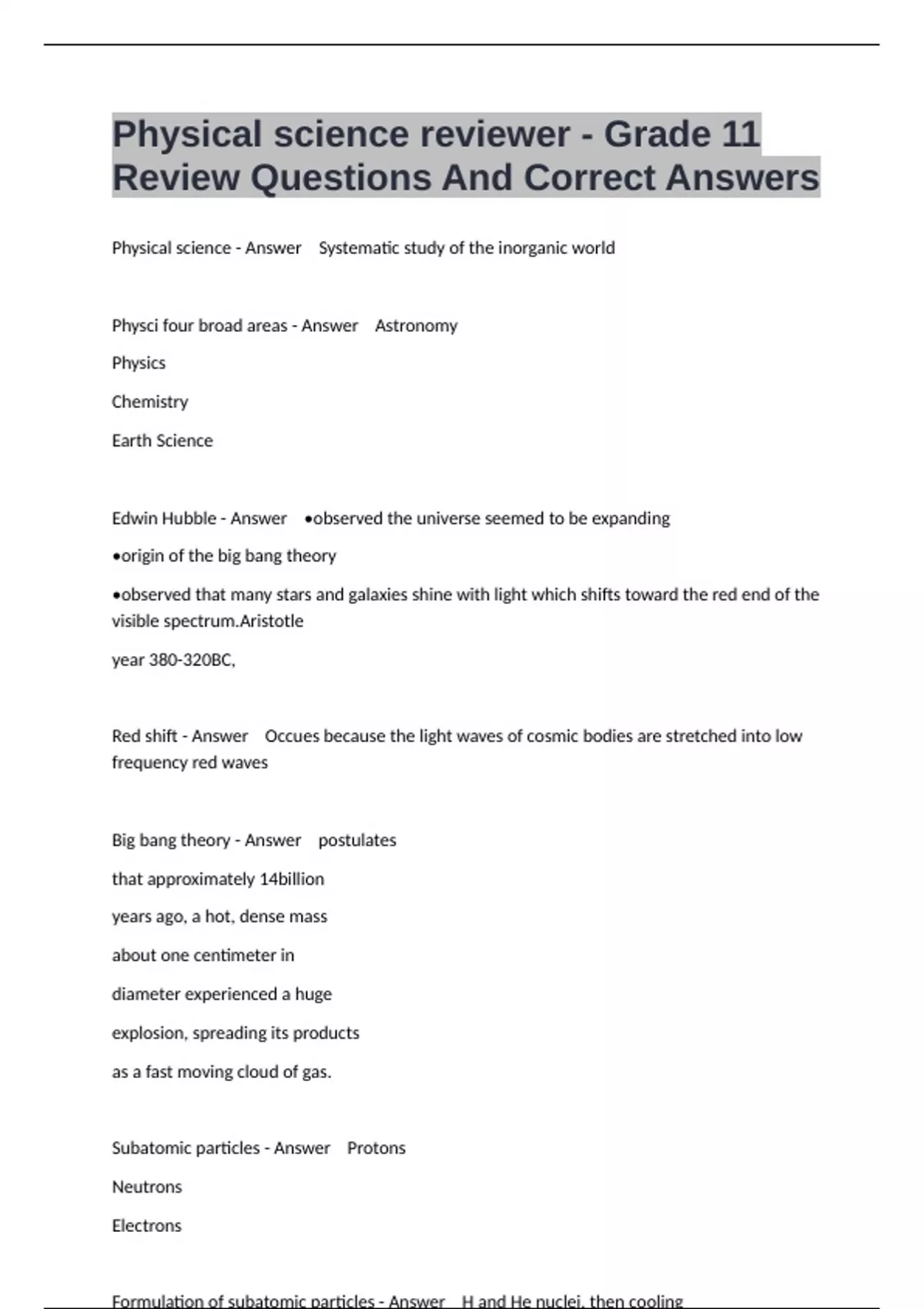 Physical science reviewer - Grade 11 Review Questions And Correct ...