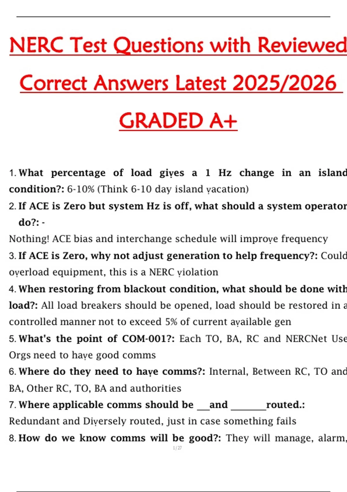 NERC Test Questions with Reviewed Correct Answers Latest 2025/2026 ...