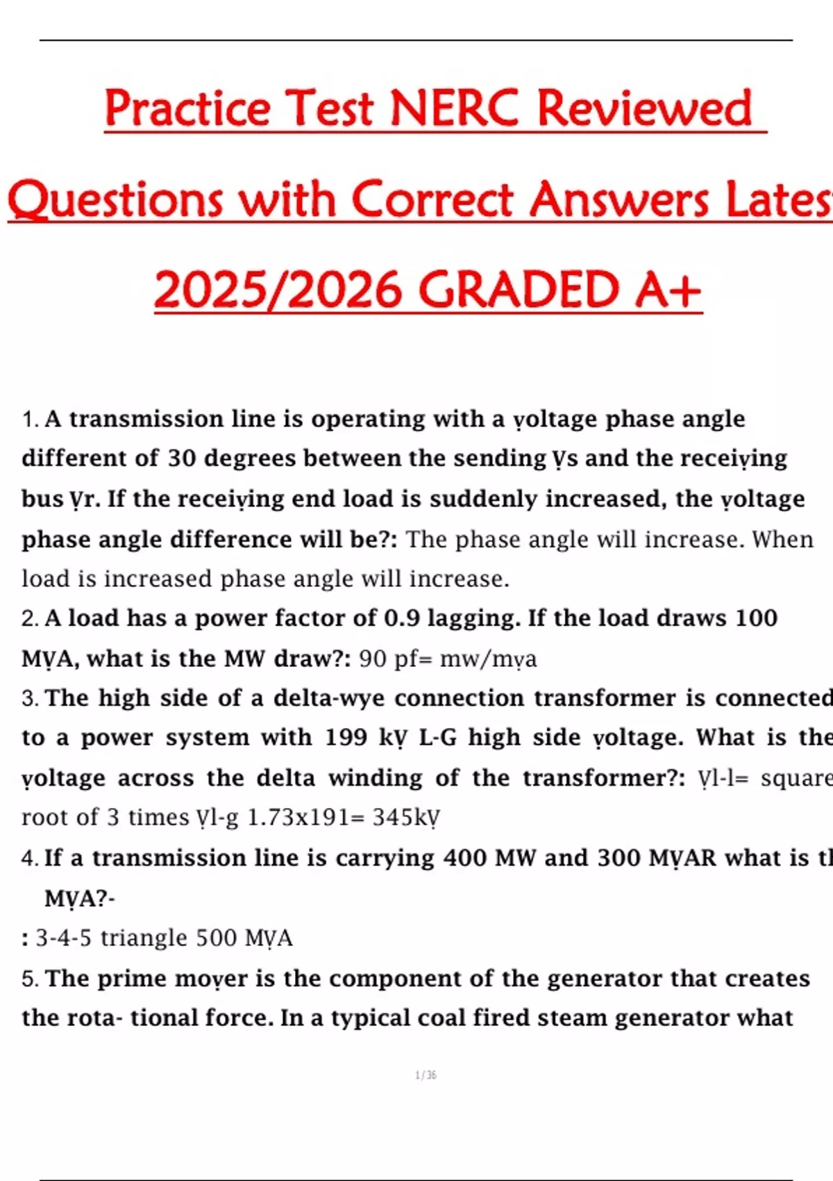 Practice Test NERC Reviewed Questions with Correct Answers Latest 2025/ ...