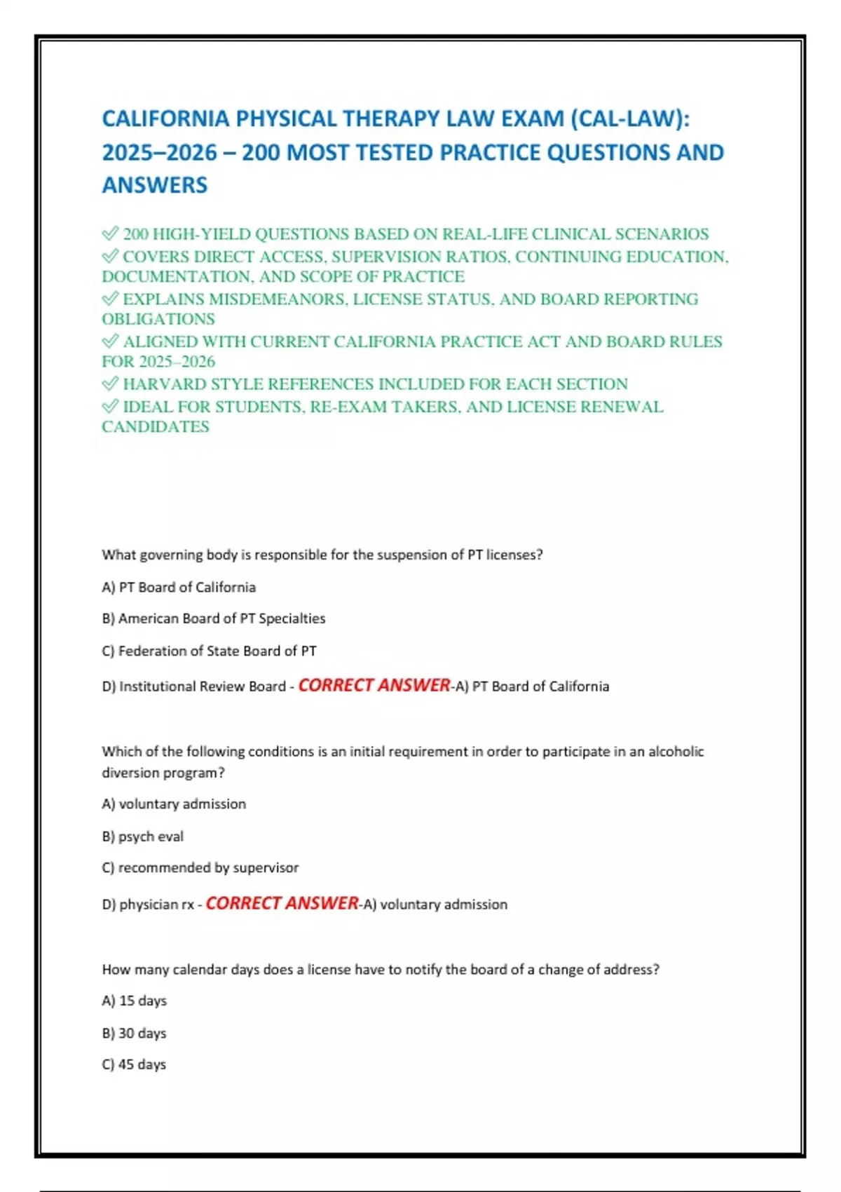 CALIFORNIA PHYSICAL THERAPY LAW EXAM (CAL-LAW): 2025–2026 – 200 MOST ...