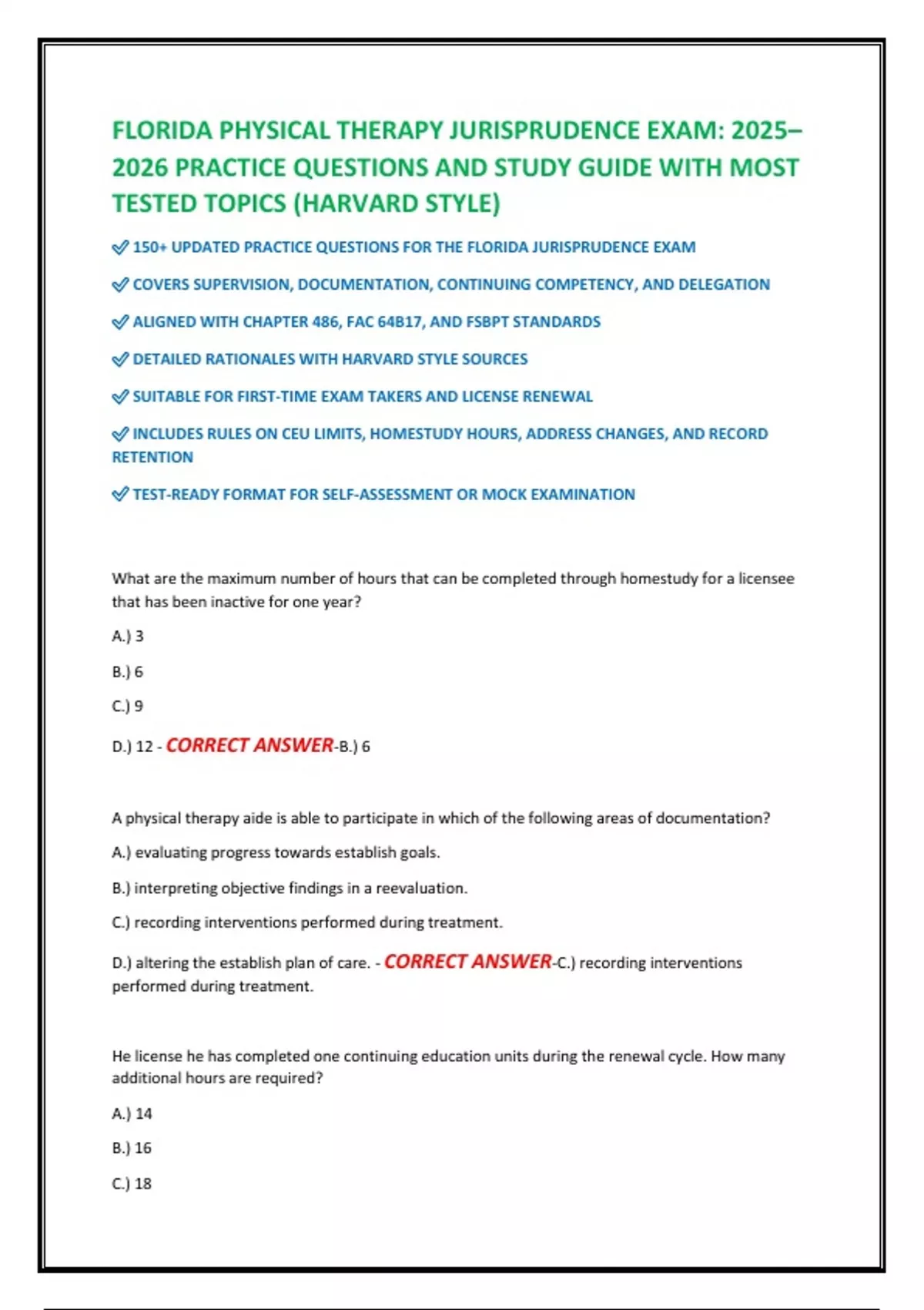 FLORIDA PHYSICAL THERAPY JURISPRUDENCE EXAM: 2025–2026 PRACTICE ...