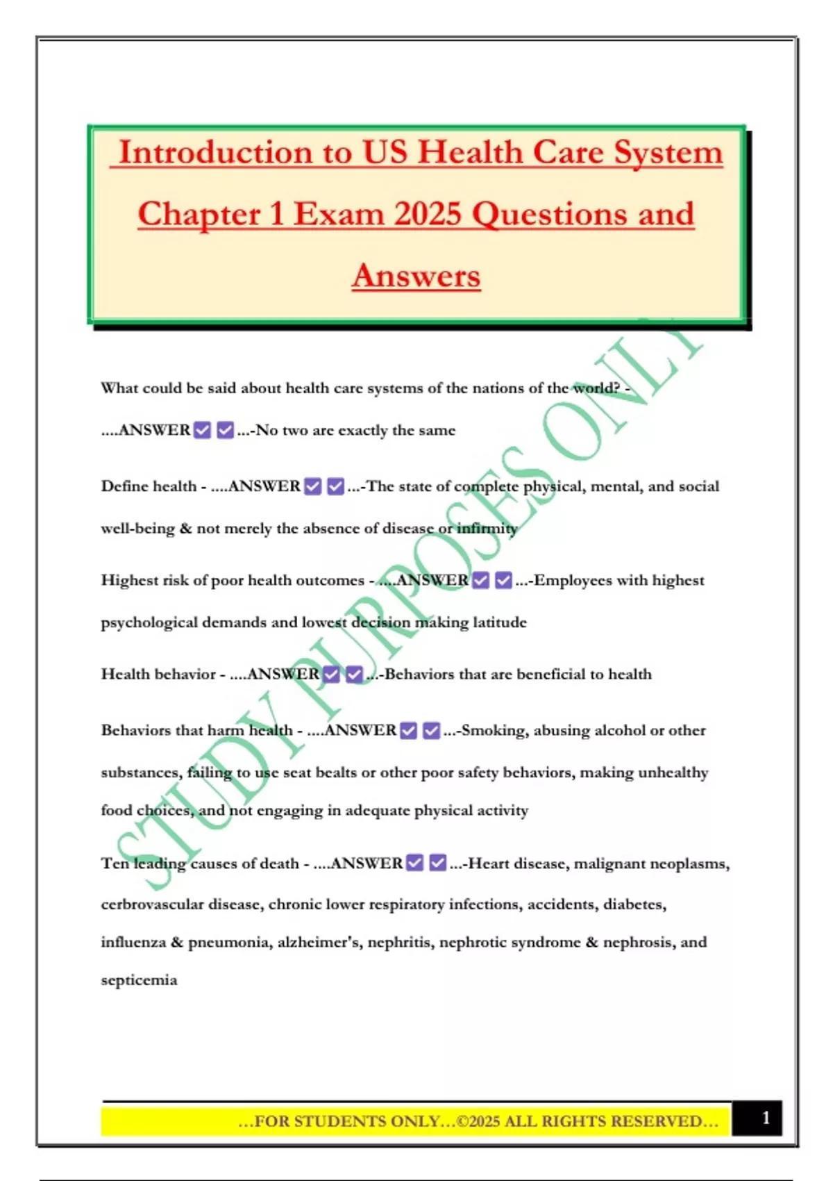 Introduction to US Health Care System Chapter 1 Exam 2025 Questions and ...