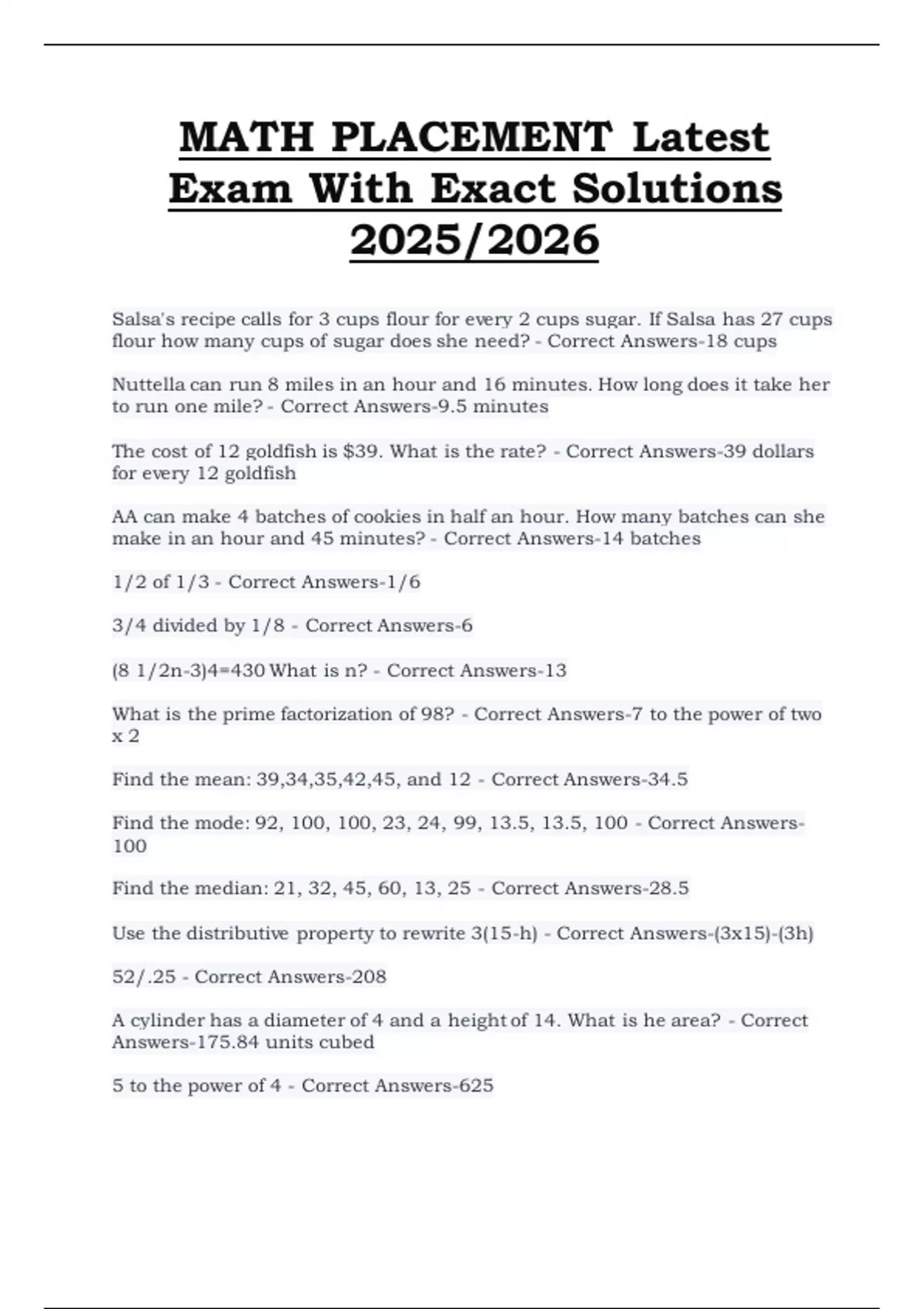 MATH PLACEMENT – Latest Exam with Exact Solutions (2025/2026 ...