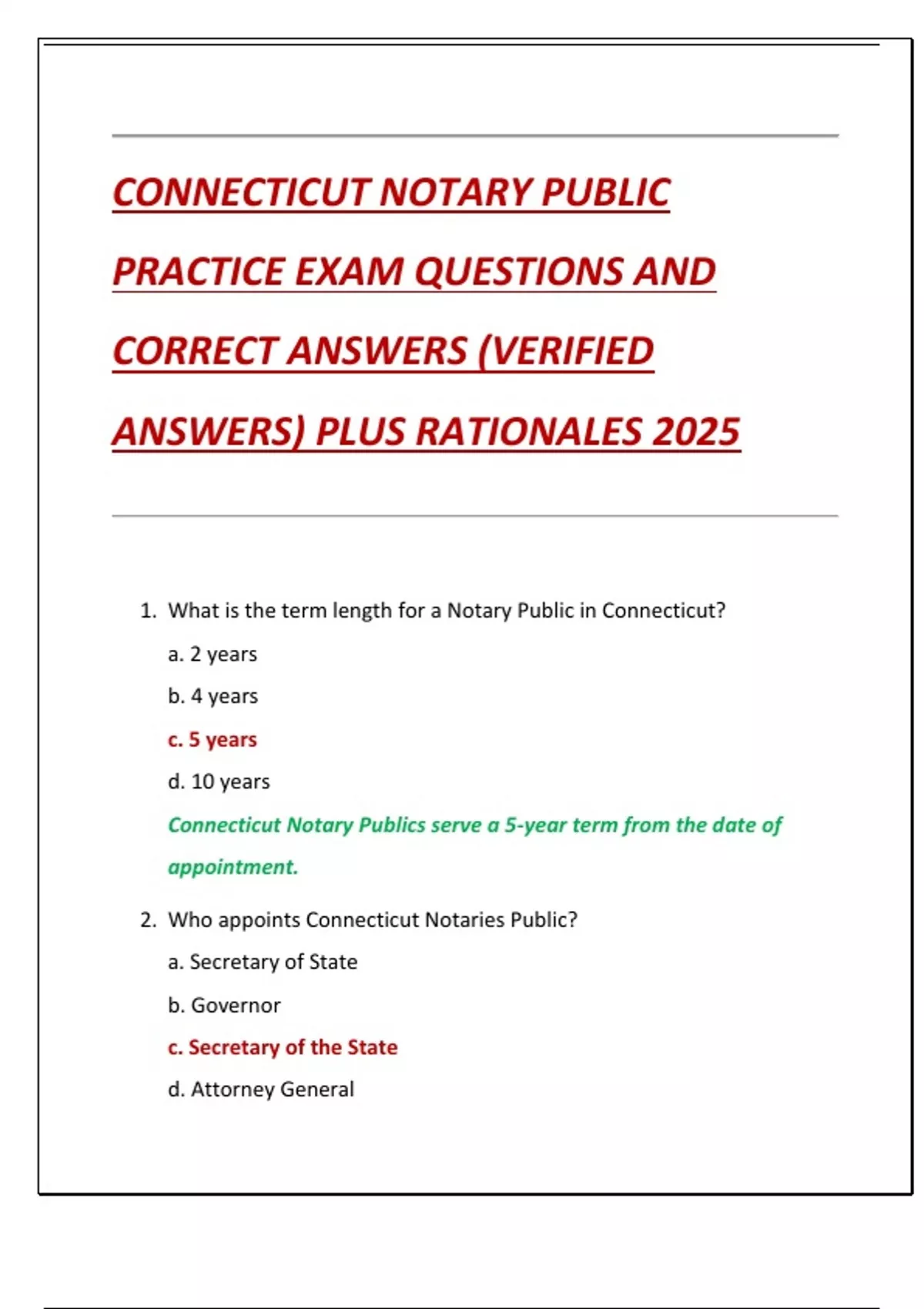 CONNECTICUT NOTARY PUBLIC PRACTICE EXAM QUESTIONS AND CORRECT ANSWERS ...