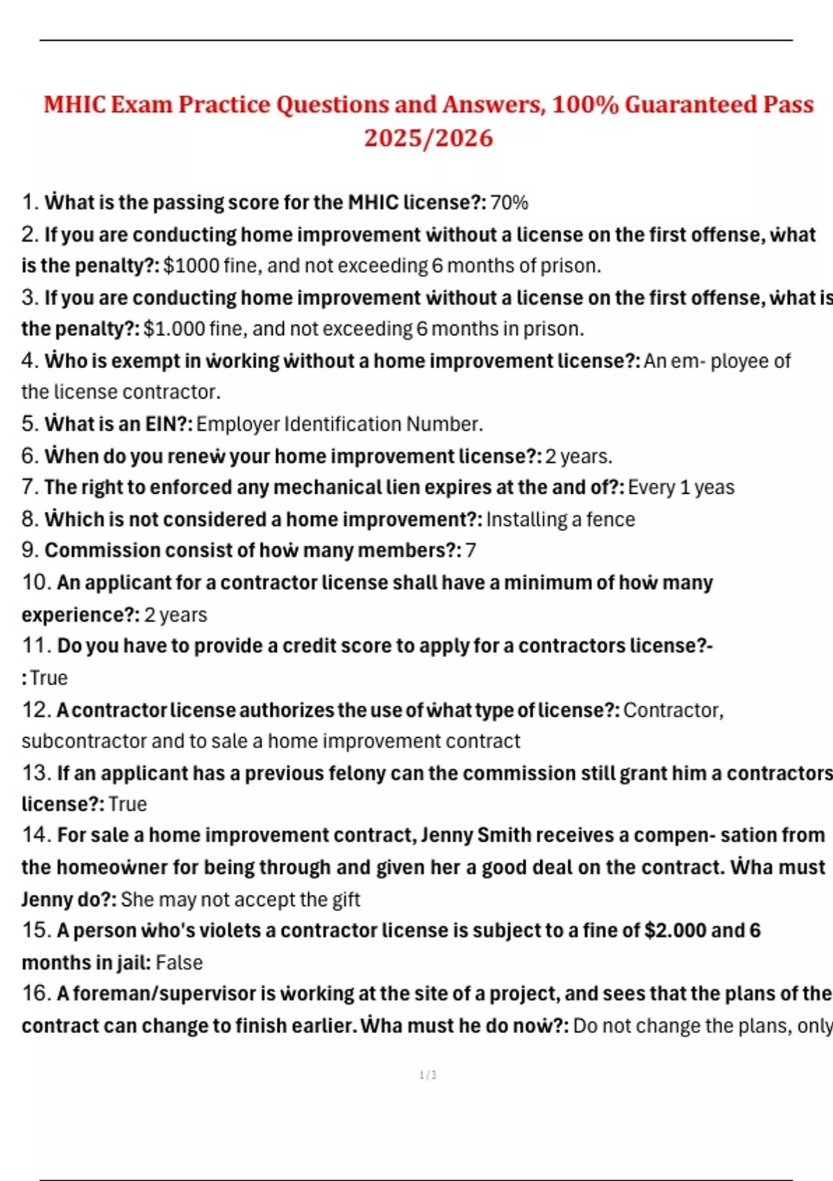 MHIC Exam Practice Questions and Answers – 100% Guaranteed Pass (2025/ ...