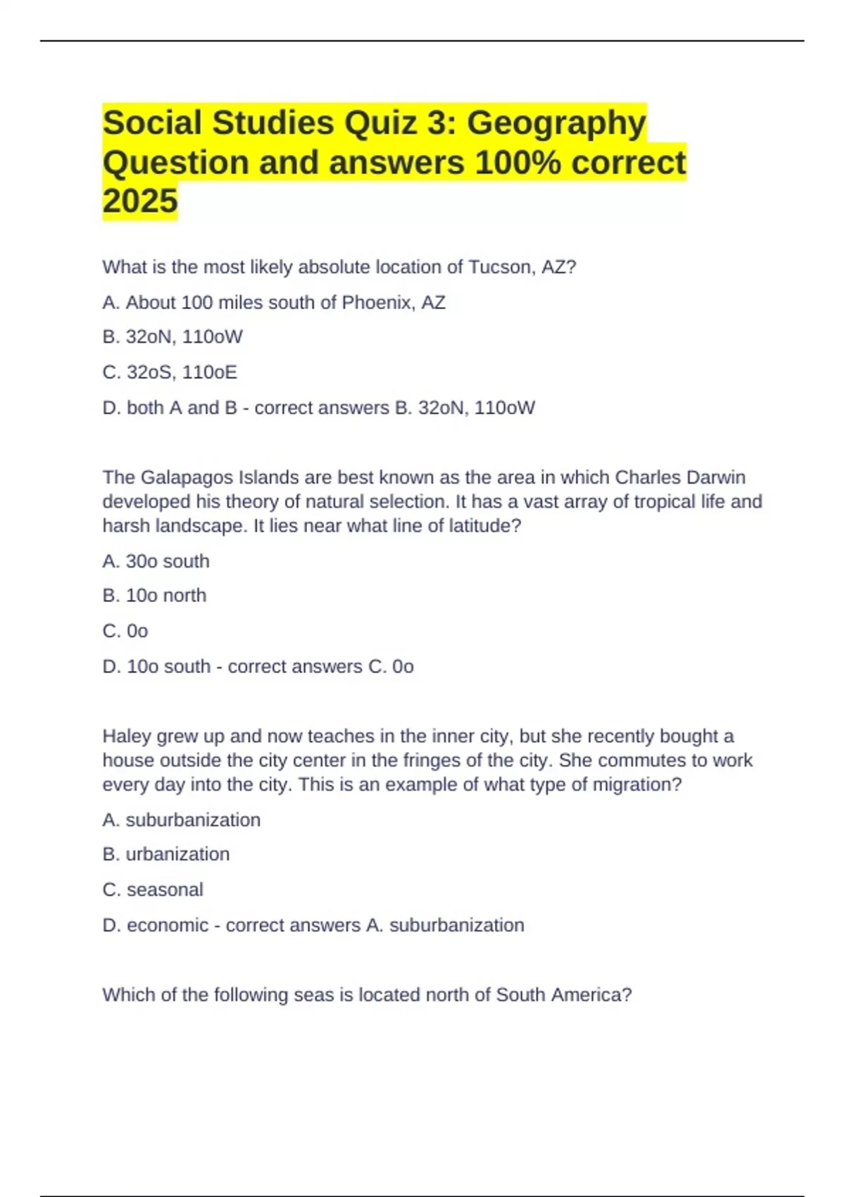Social Studies Quiz 3: Geography Question and answers 100% correct 2025 ...