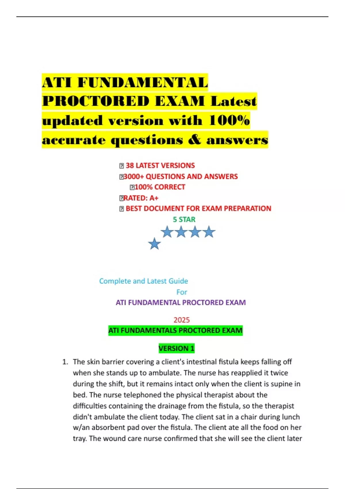 ATI FUNDAMENTAL PROCTORED EXAM | Latest updated version with 100% ...