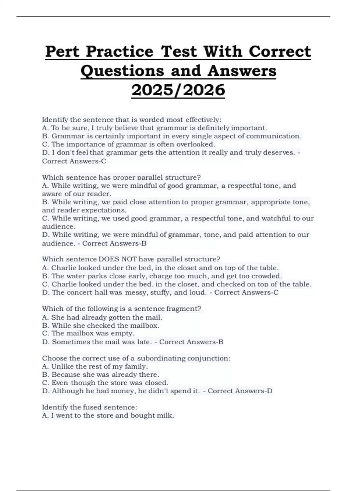 PERT Practice Test – With Correct Questions and Answers (2025/2026 ...