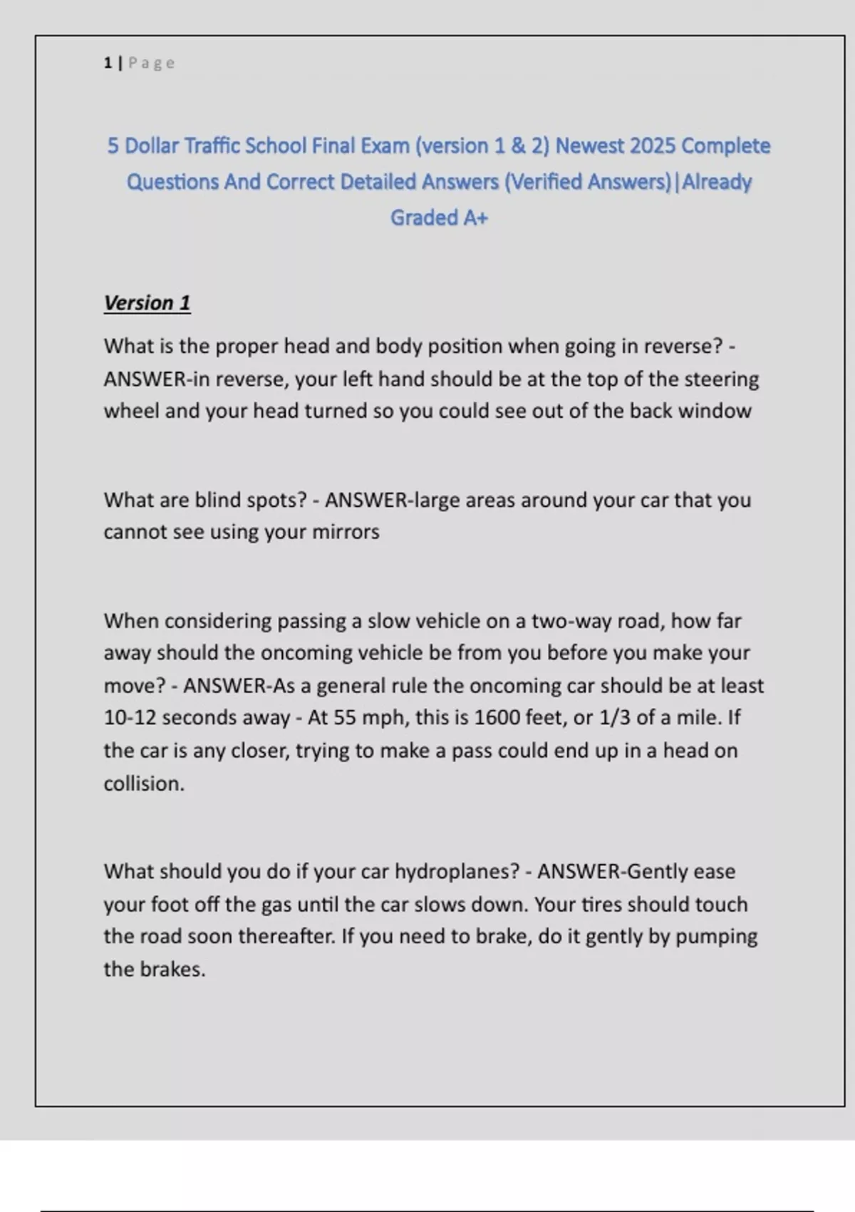 5 Dollar Traffic School Final Exam (version 1 & 2) Newest 2025 Complete ...