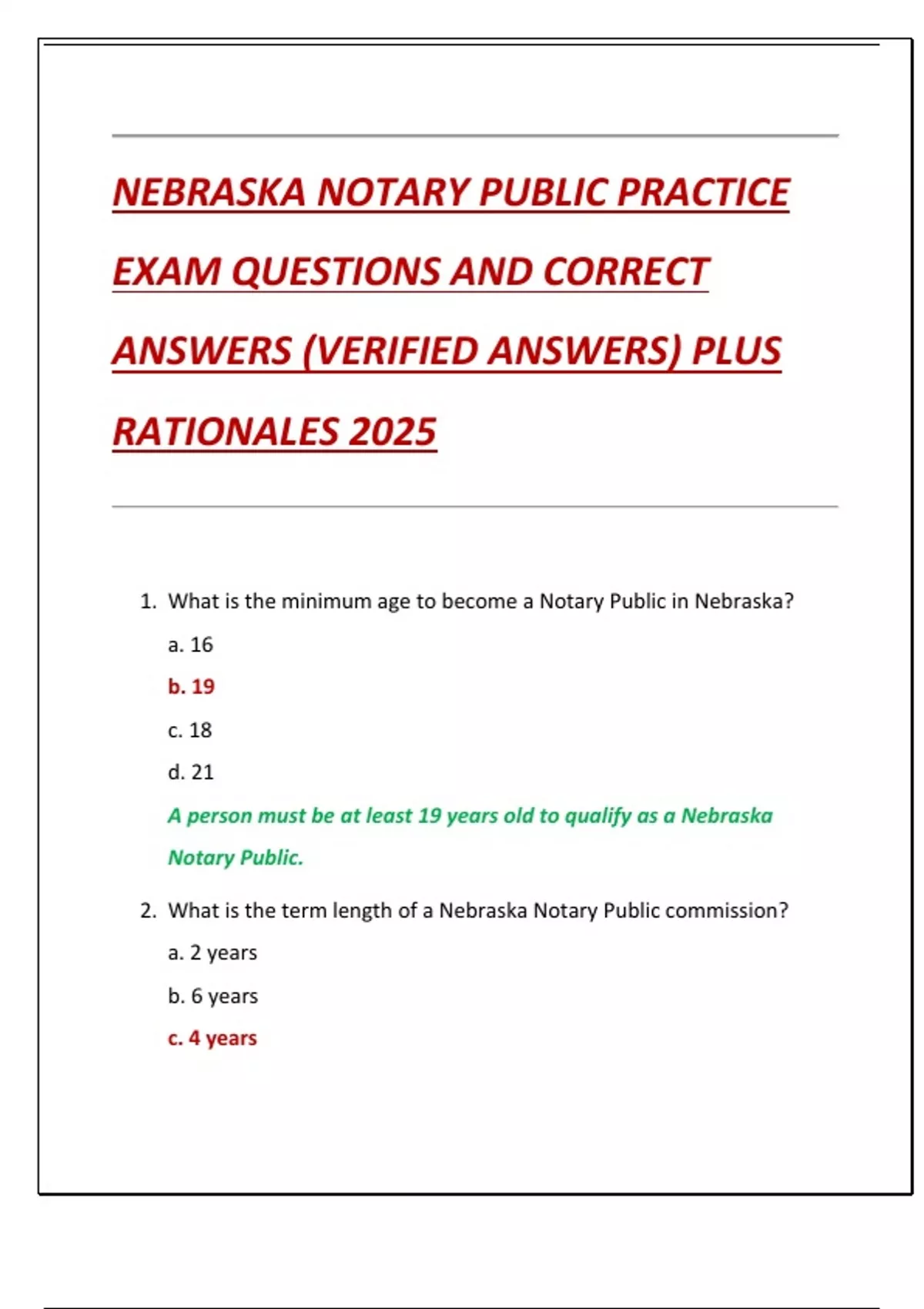 NEBRASKA NOTARY PUBLIC PRACTICE EXAM QUESTIONS AND CORRECT ANSWERS ...